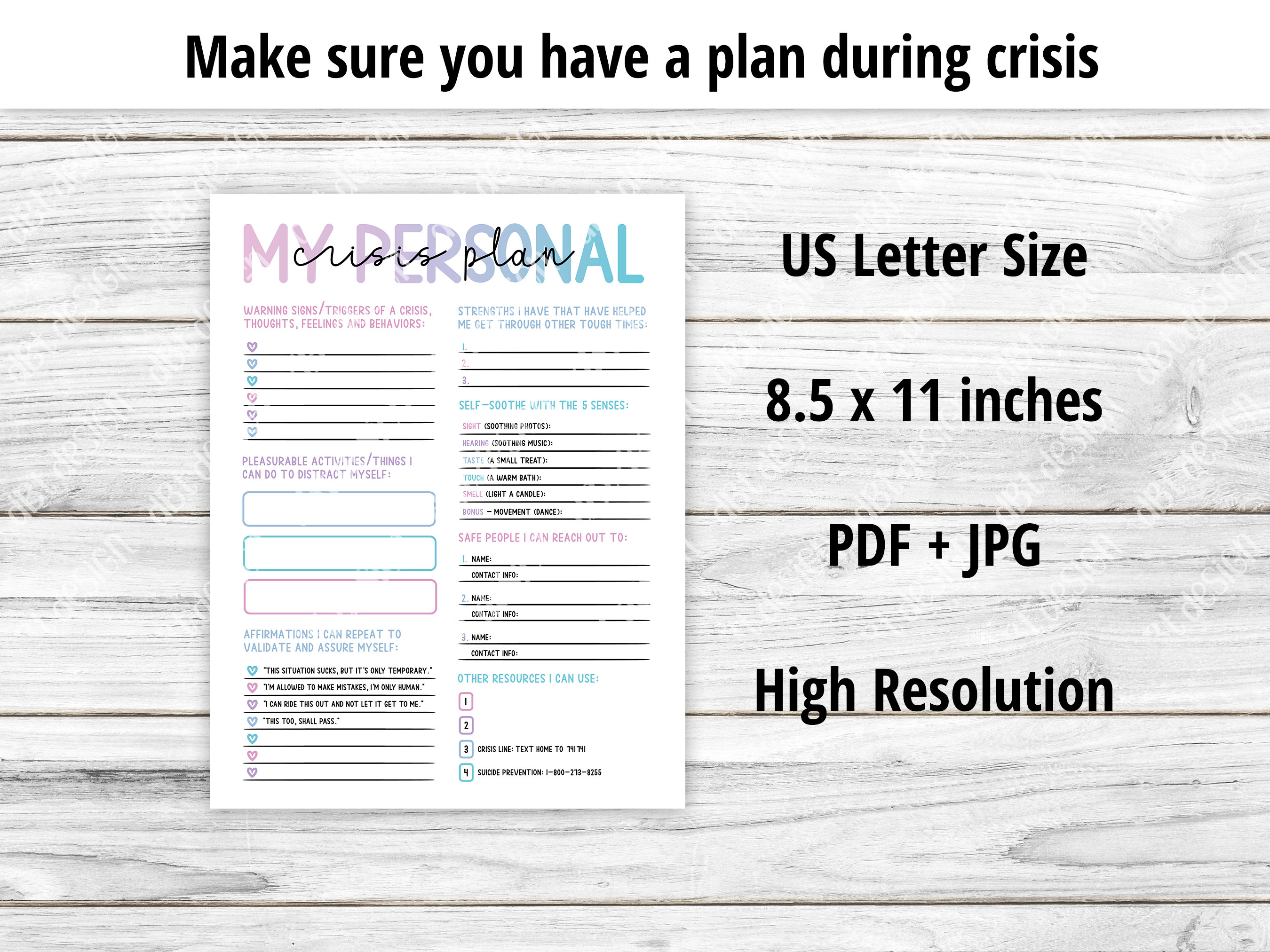 Crisis Plan Worksheet, Mental Health Printable, DBT Sheet, Planner ...
