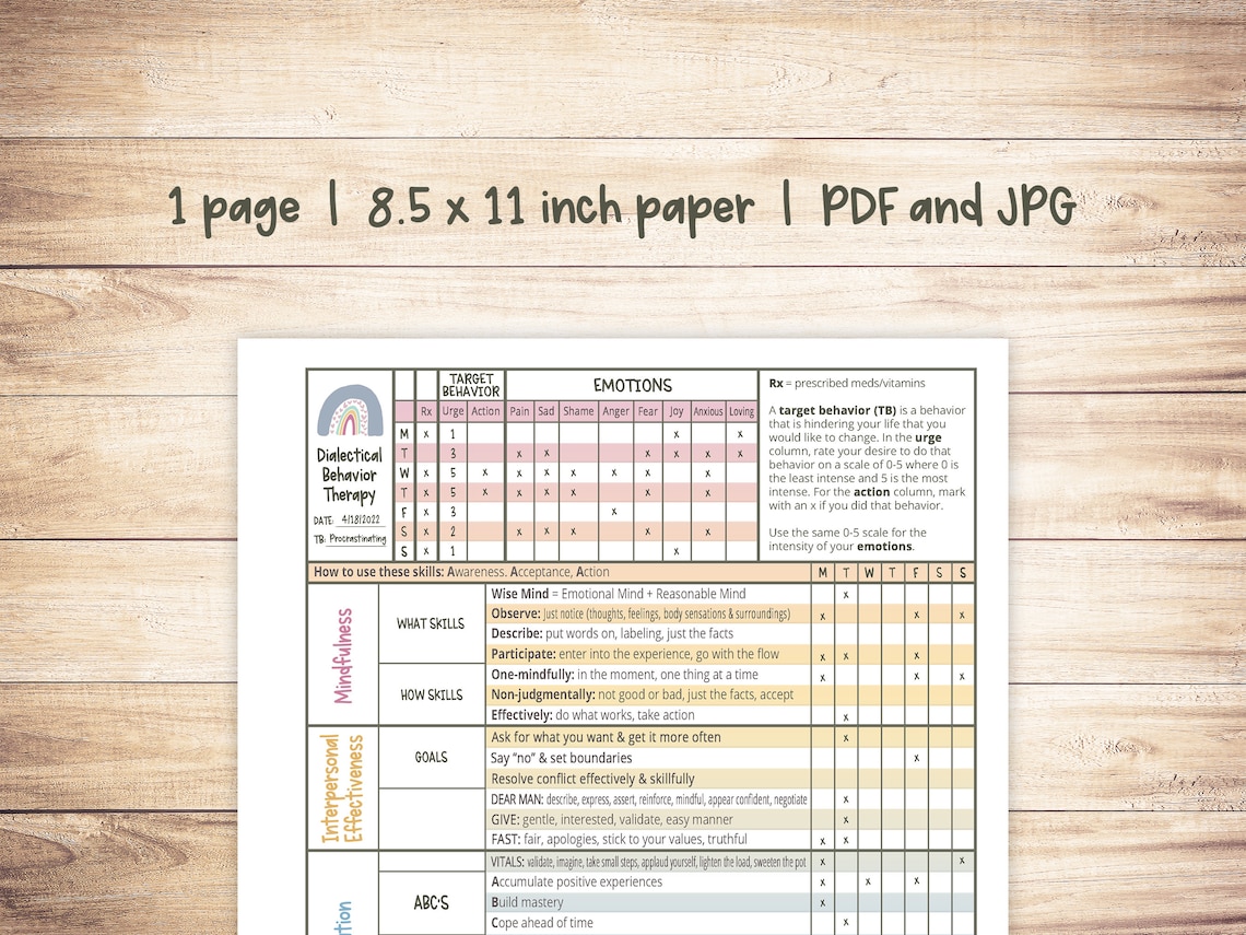 DBT Skills Tracker, Diary Card, Dialectical Behavior Therapy, Mood ...