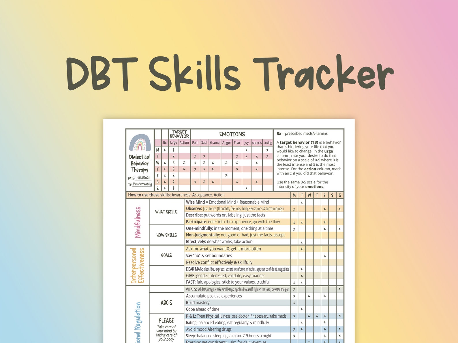 DBT Skills Tracker, Diary Card, Dialectical Behavior Therapy, Mood ...