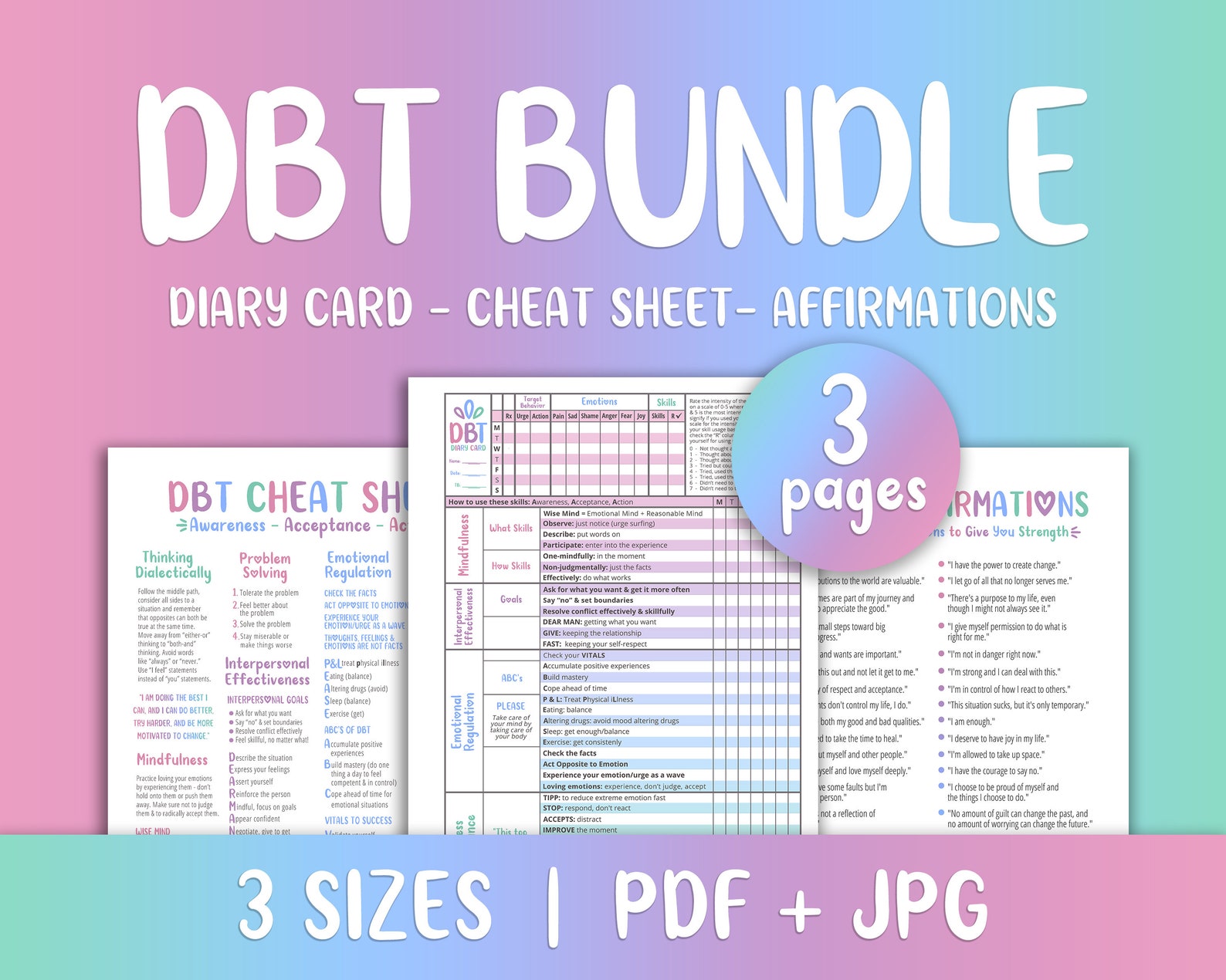 DBT Bundle Diary Card Cheat Sheet Positive Affirmations - Etsy