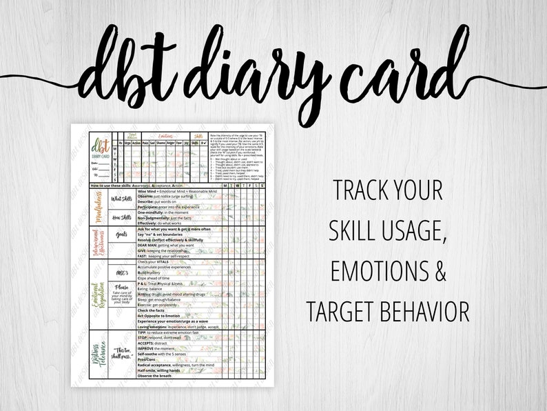 DBT Bundle, DBT Skills, Cheat Sheet, DBT Diary Card, Affirmations, Bpd ...