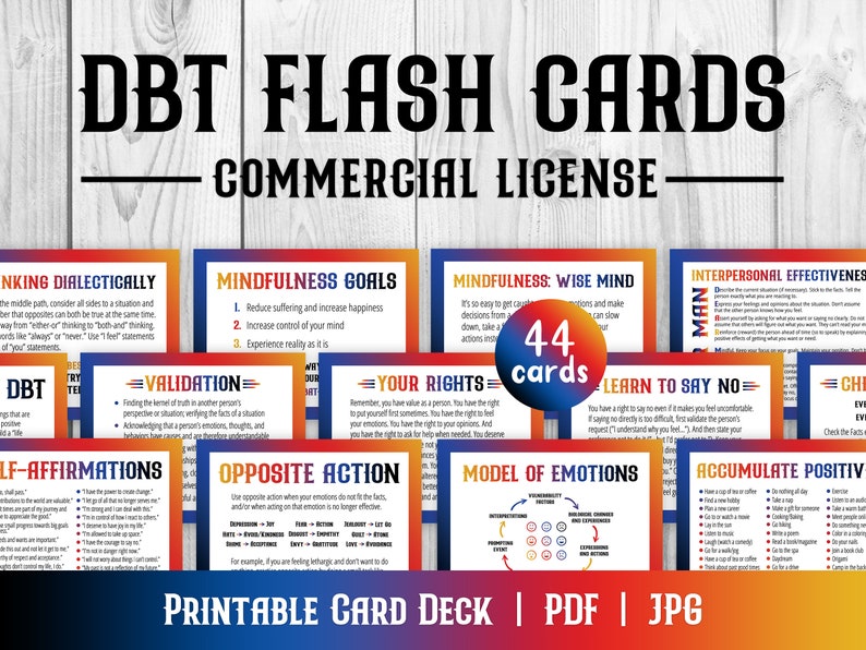 DBT Flash Cards - COMMERCIAL LICENSE, 44 Printable Cards, Therapist ...