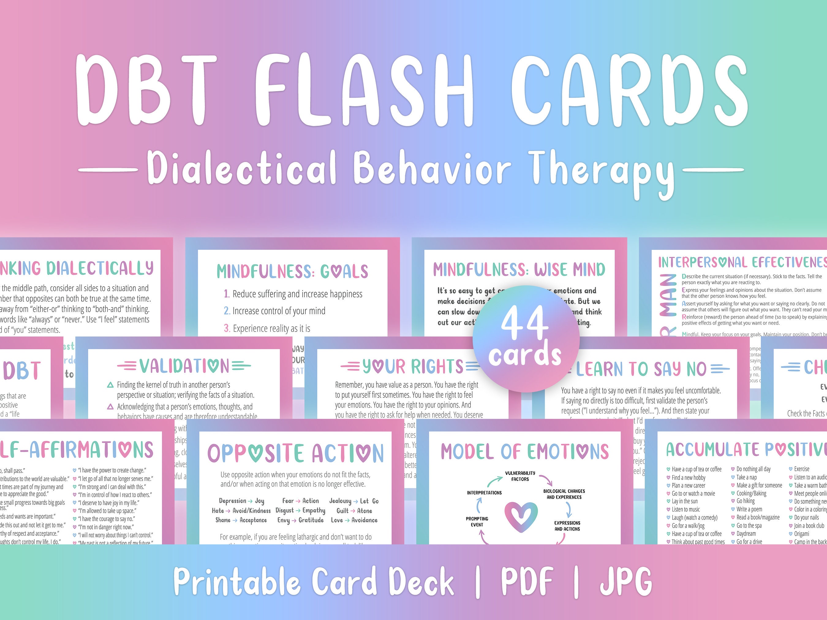 DBT Flash Cards, 44 Printable Cards, Self Help Cards, Coping Skills ...