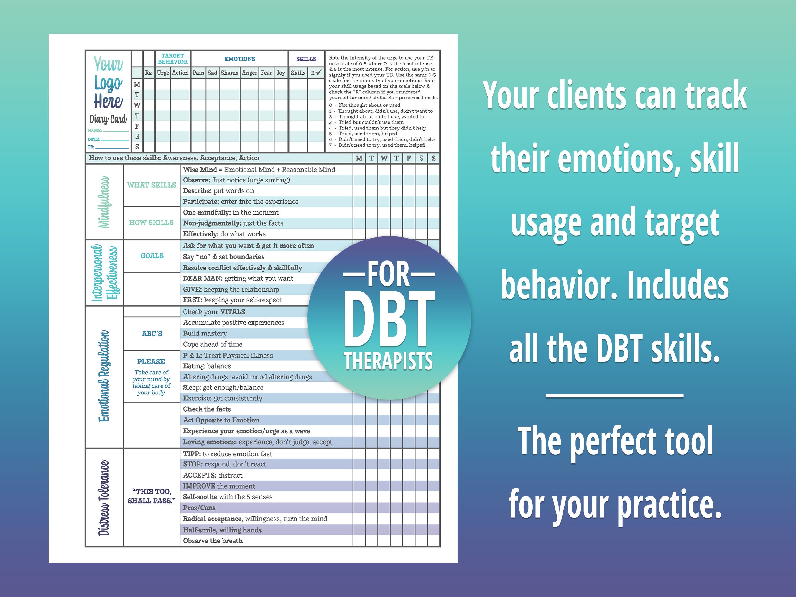 Personalized DBT Diary Card for Therapists DBT Therapy DBT | Etsy
