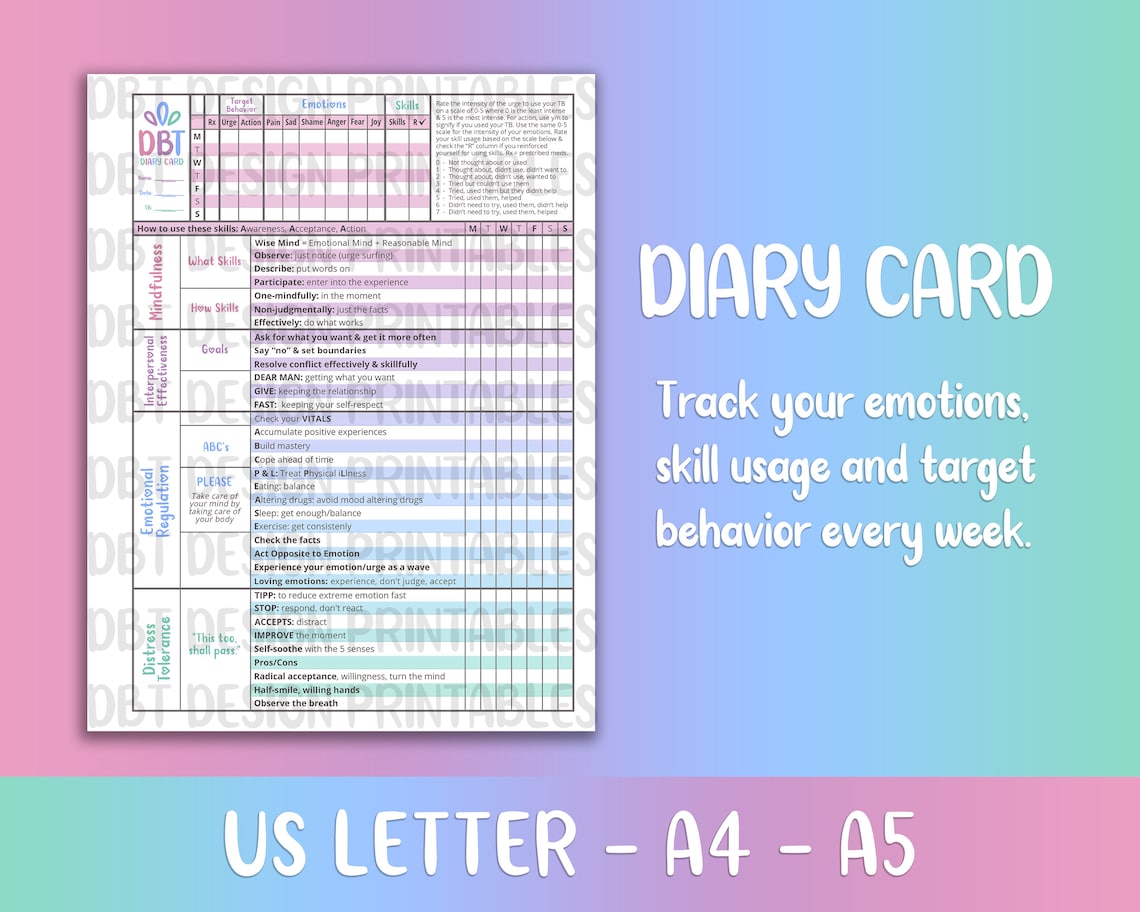 DBT Diary Card PTSD BPD Anxiety Depression Bipolar - Etsy