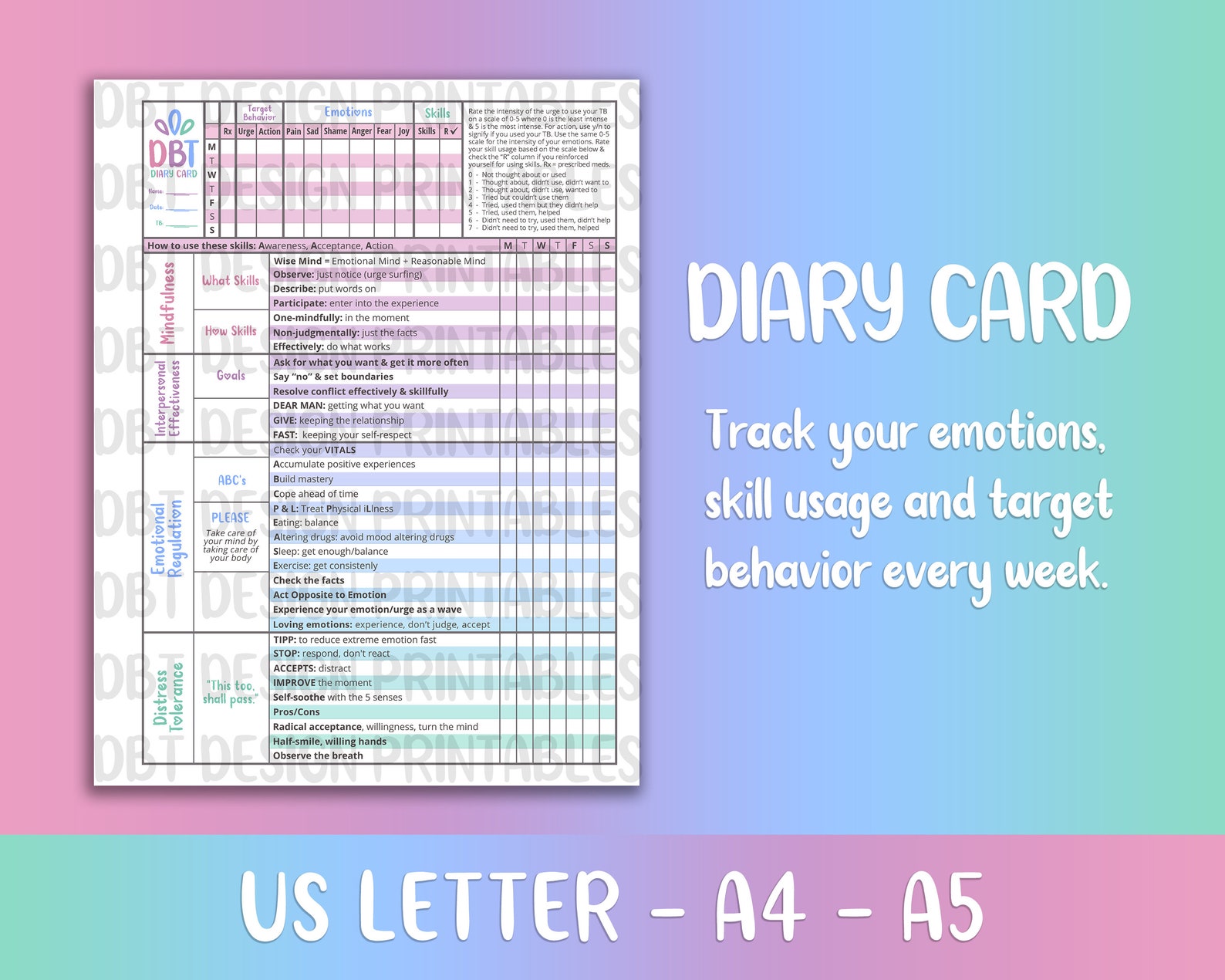 DBT Diary Card, PTSD, BPD, Anxiety, Depression, Bipolar, Printable ...