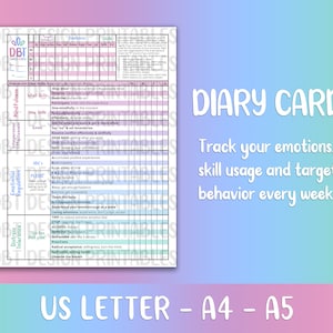 DBT Diary Card, PTSD, BPD, Anxiety, Depression, Bipolar, Printable ...