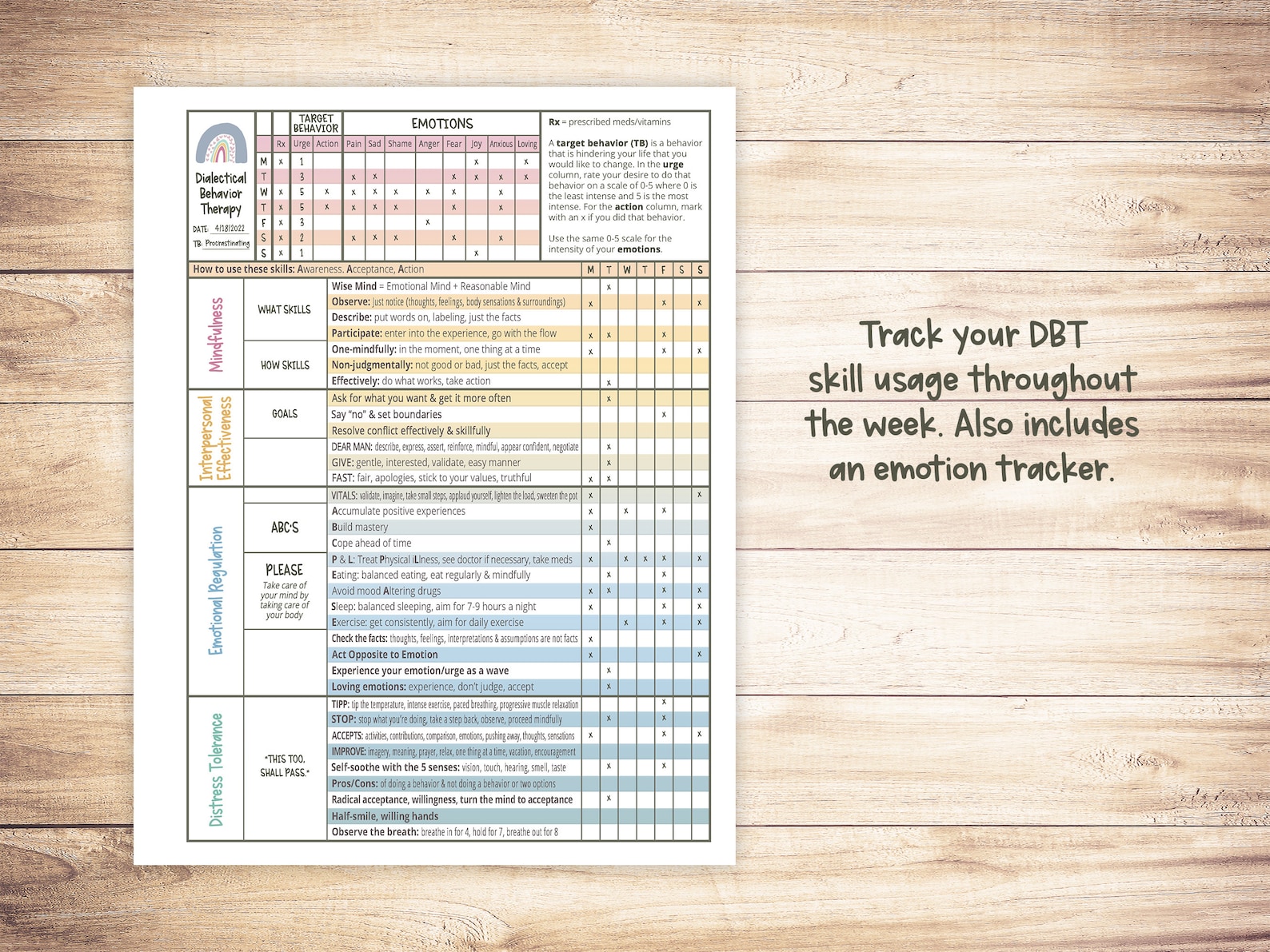 DBT Skills Tracker Diary Card Dialectical Behavior Therapy - Etsy
