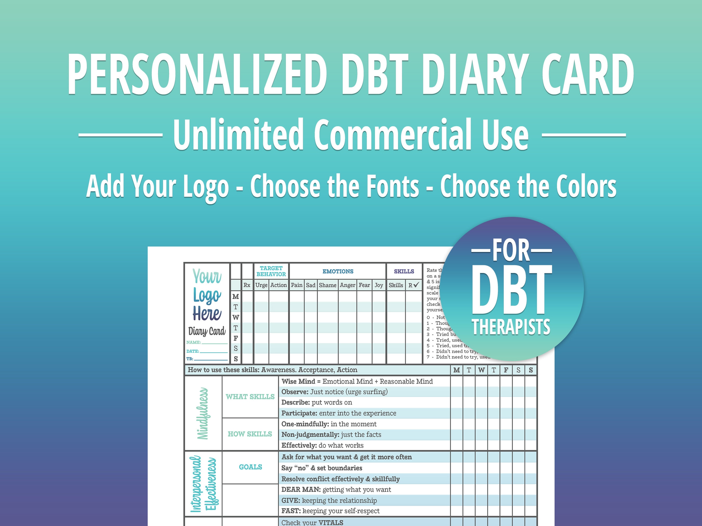 Personalized DBT Diary Card for Therapists DBT Therapy DBT - Etsy