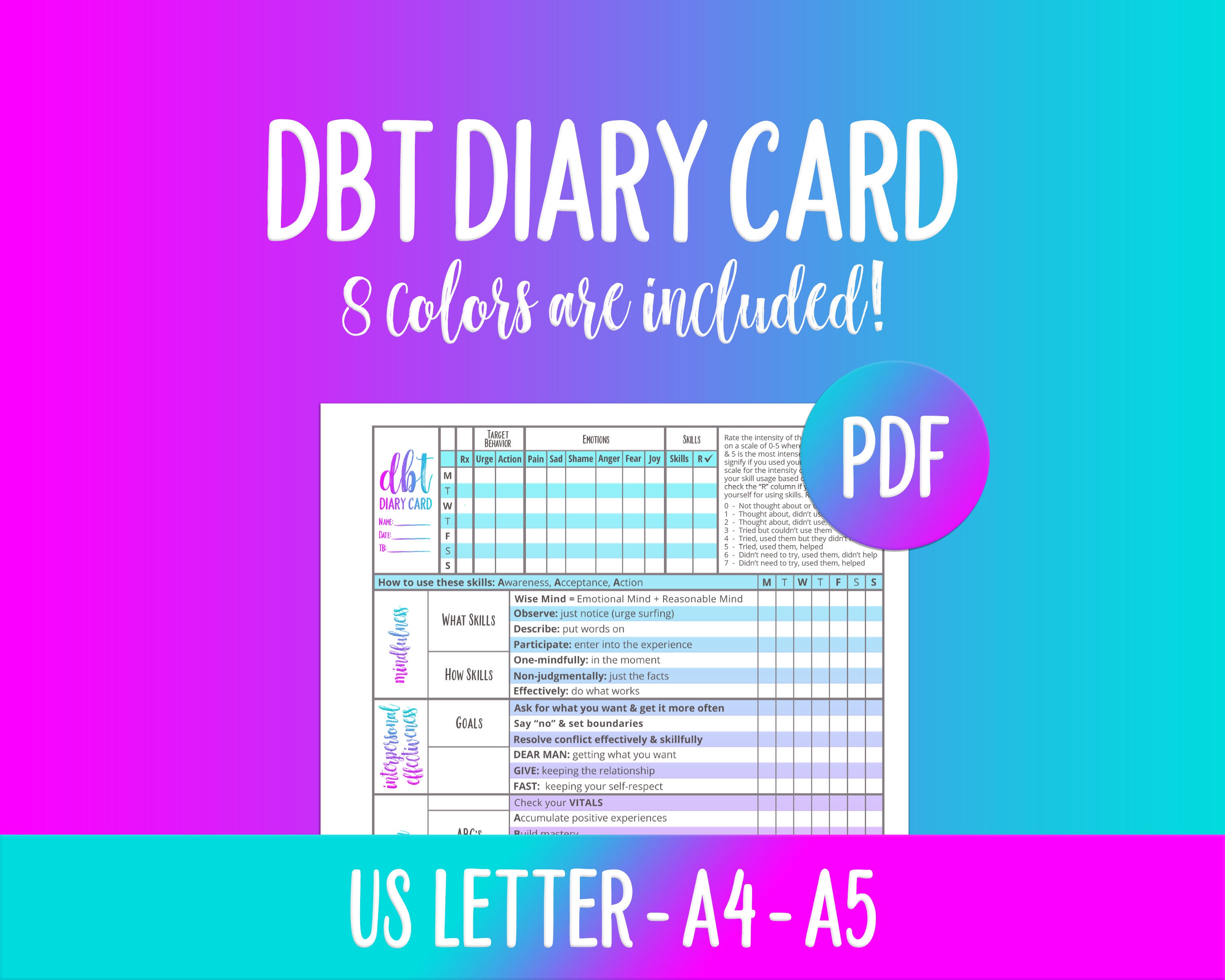 DBT Diary Card BPD PTSD anxiety depression bipolar | Etsy