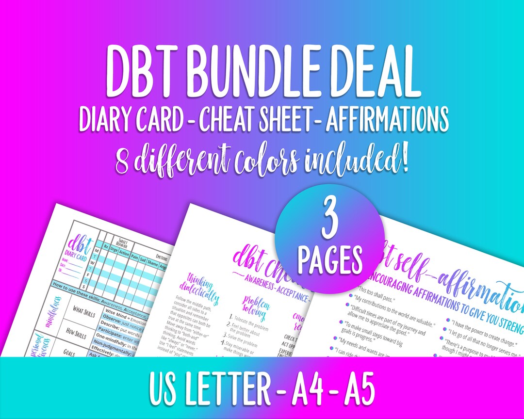DBT Bundle, DBT Diary Card, Cheat Sheet, Positive Affirmations, Bpd ...
