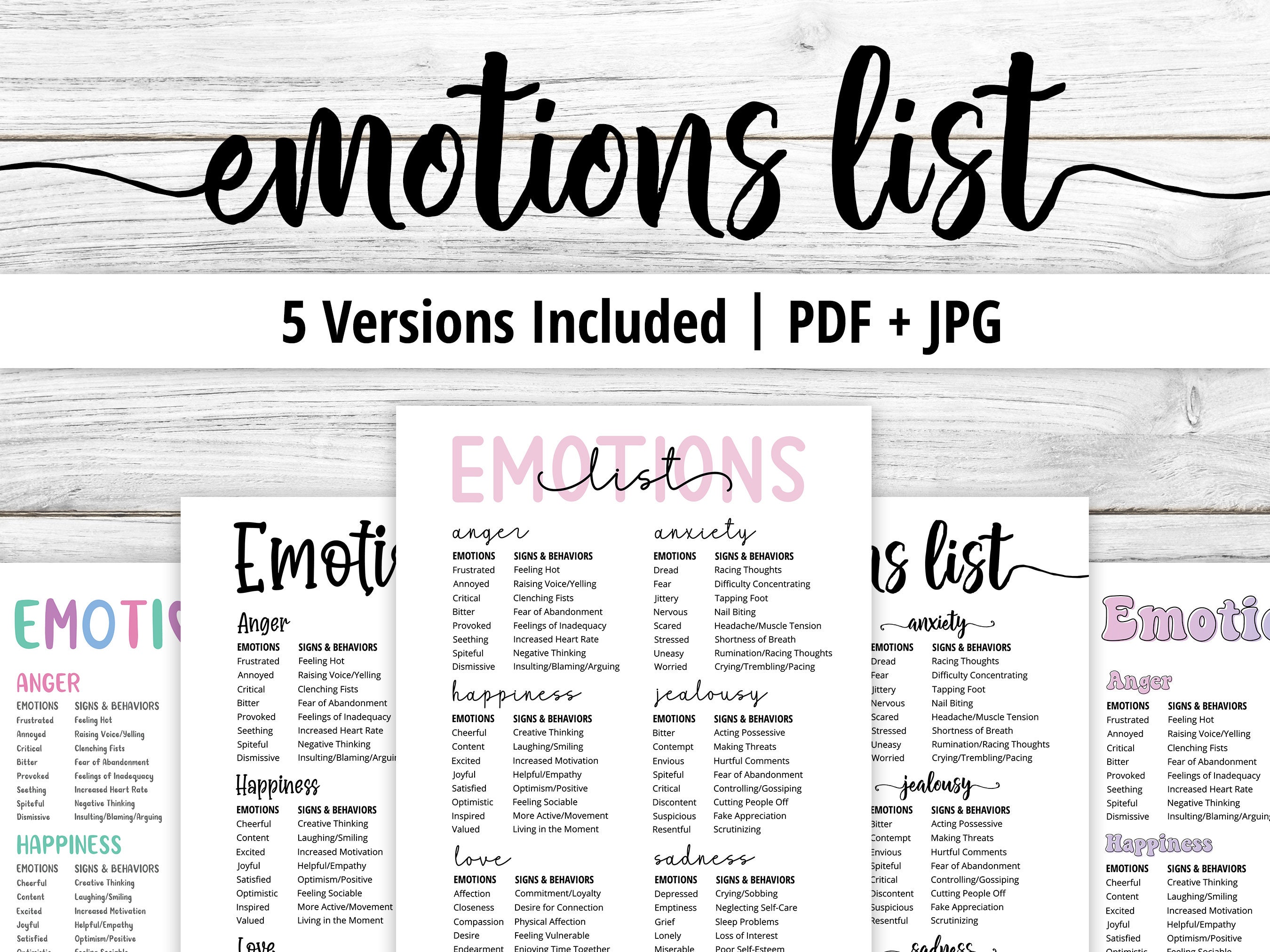 Emotions List Printable List of Feelings Mental Health | Etsy