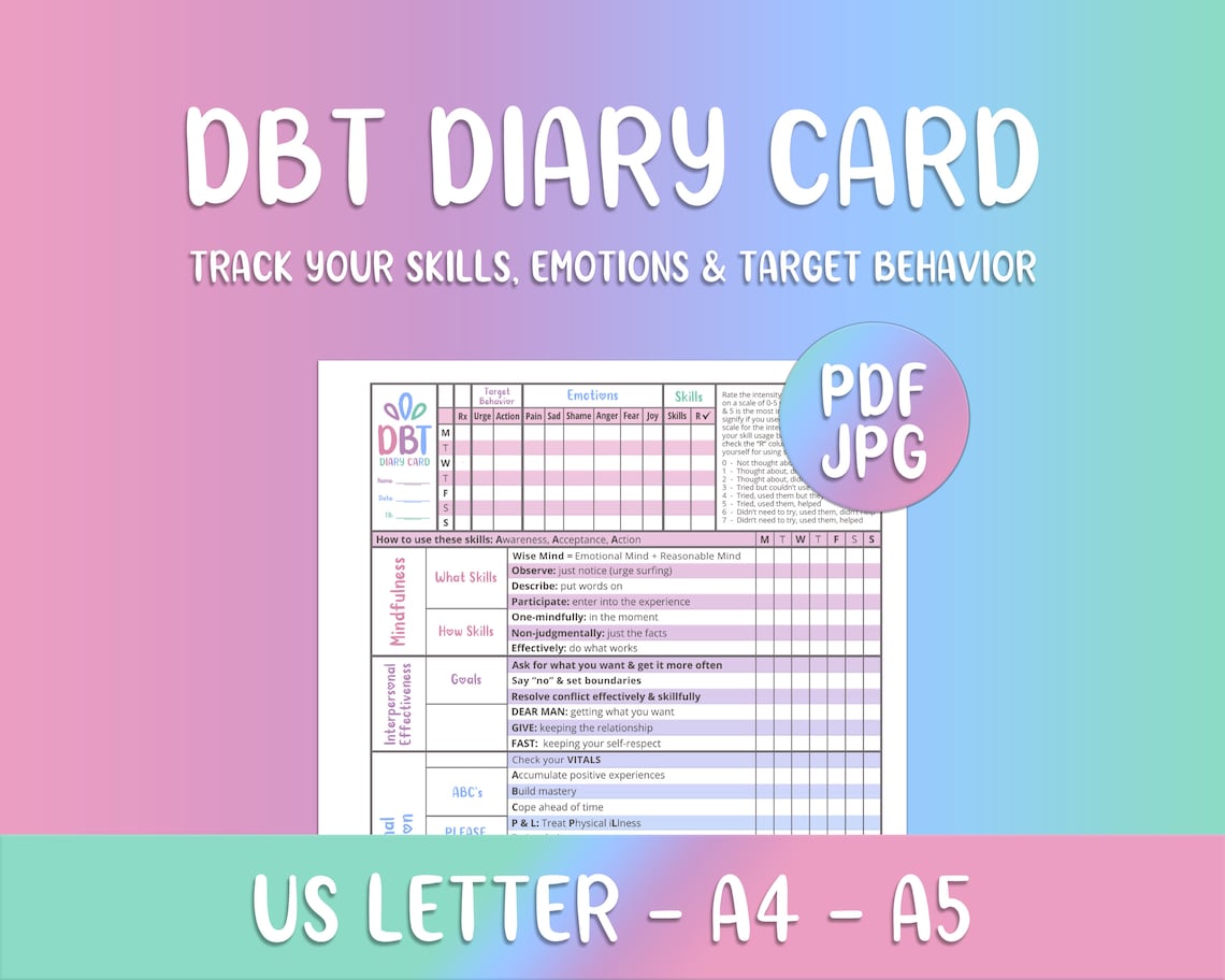 DBT Diary Card, PTSD, BPD, Anxiety, Depression, Bipolar, Printable ...