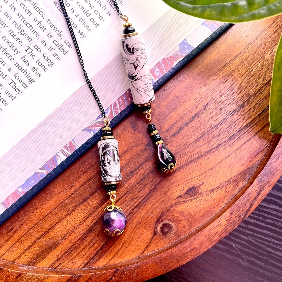 Recycled BSD Manga Paper Bead Chain Bookmark Crazy Lace Agate, Obsidian ...