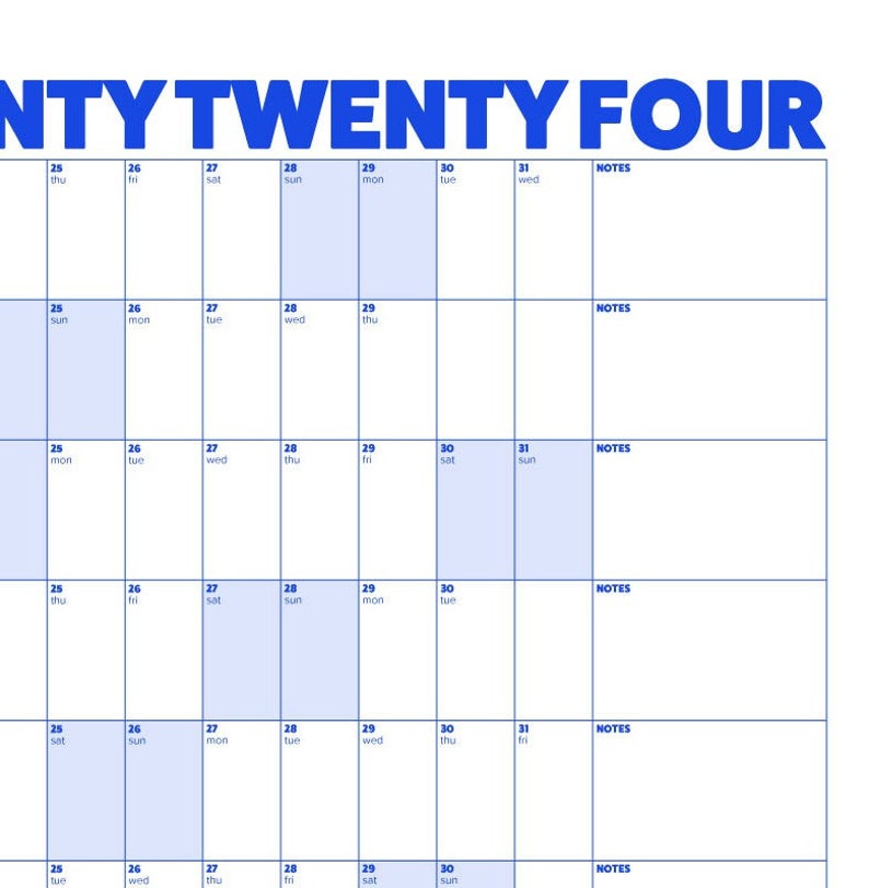 PRINTABLE 2024 Wall Calendar Chunky Font Digital PDF Instant Download ...