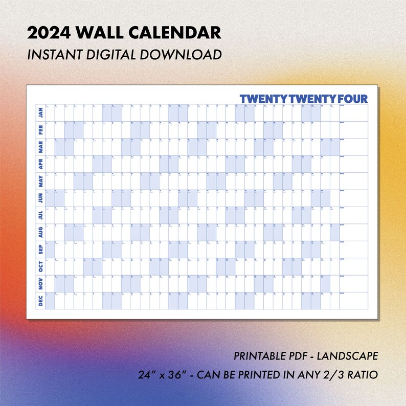 PRINTABLE 2024 Wall Calendar Chunky Font Digital PDF Instant Download ...