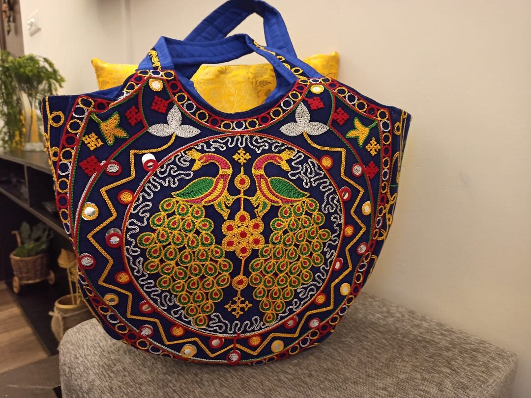 Bag Traditional Indian Ethnic Embroidery Navy Blue Thread Work Peacock ...