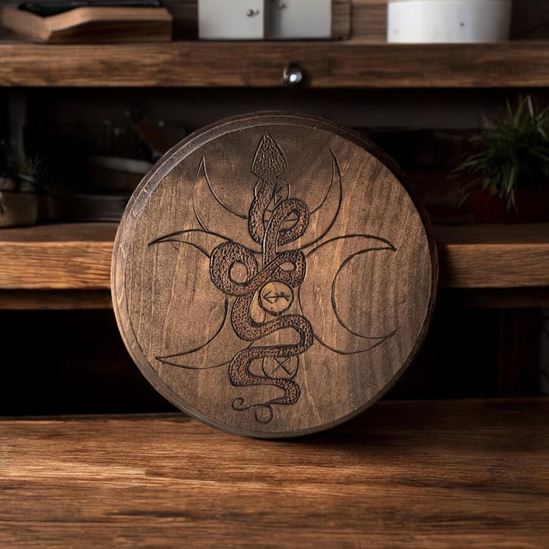 Triple Moon Goddess Serpent Wooden Altar Plate + Rune Décor + Norse ...