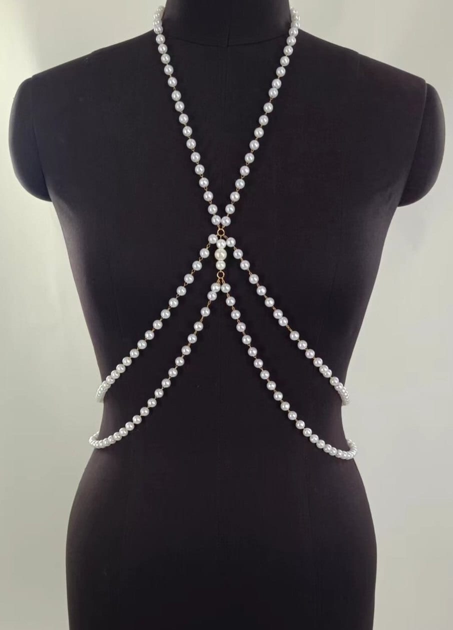 Elegant Pearl Body Chain Chest, Bridal Body Jewelry, Pearl Body Chain ...