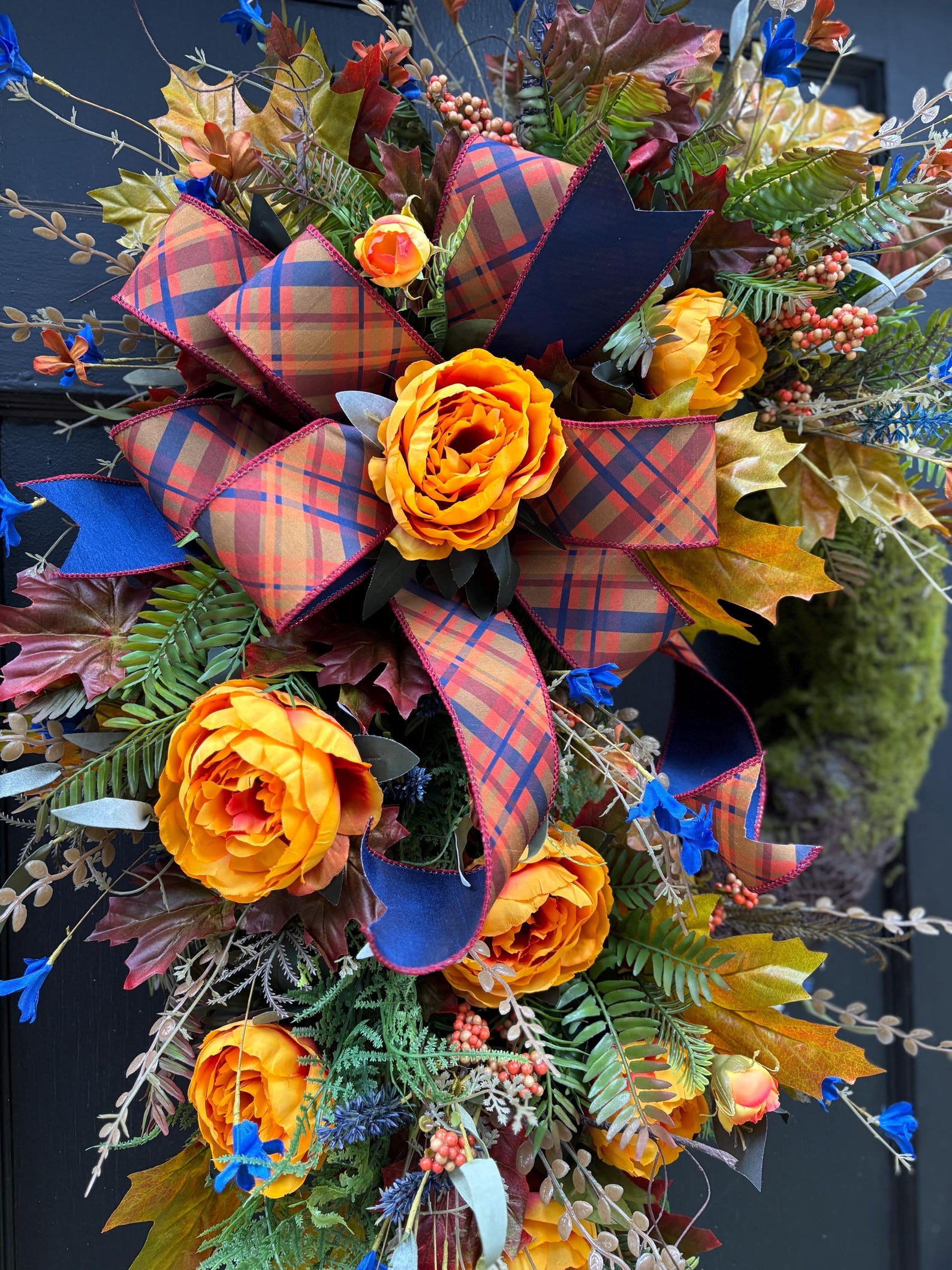 Large Moss Wreath With Designer Ribbon and Fall Florals - Autumn Home ...
