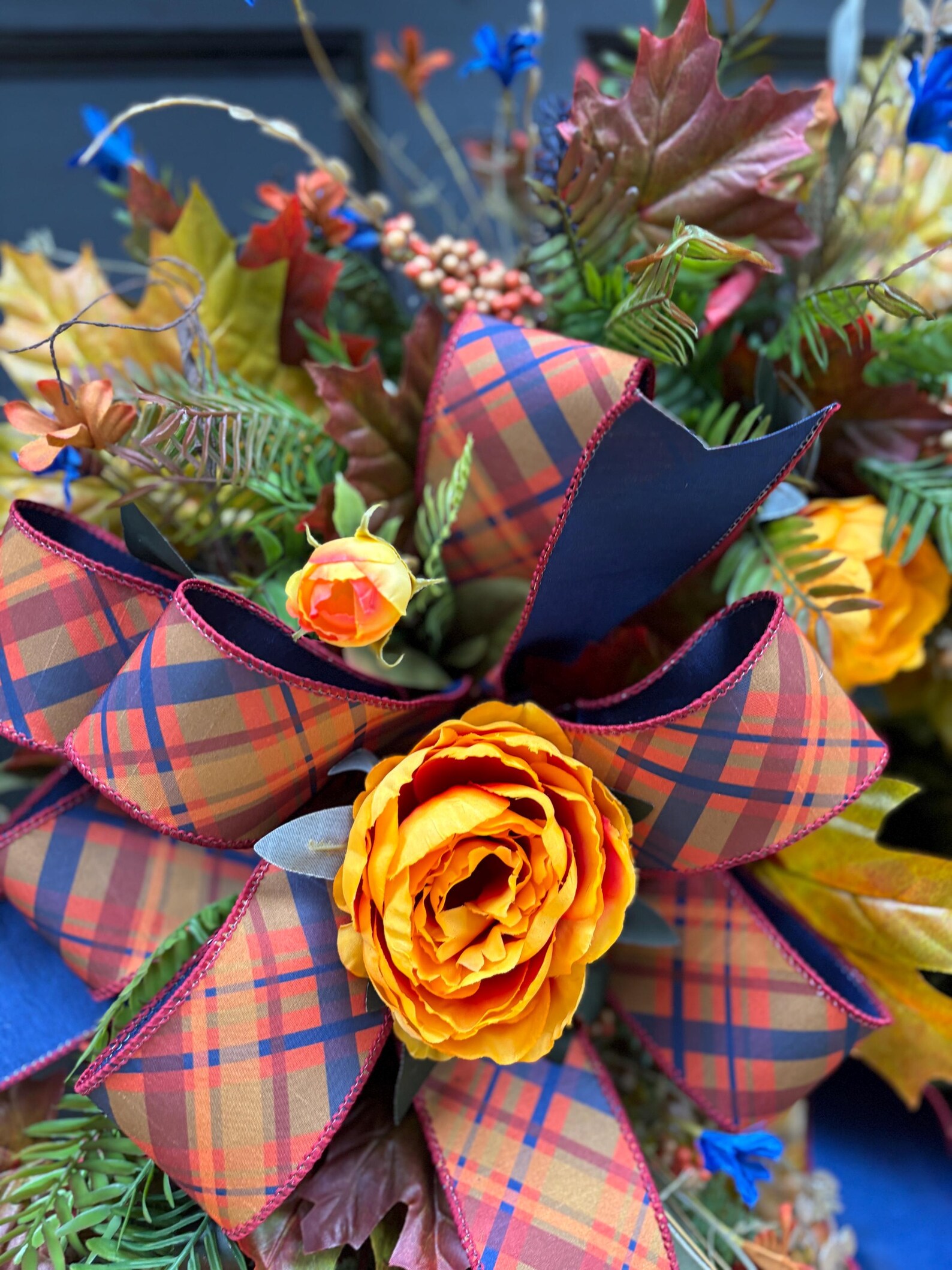 Large Moss Wreath With Designer Ribbon and Fall Florals - Autumn Home ...