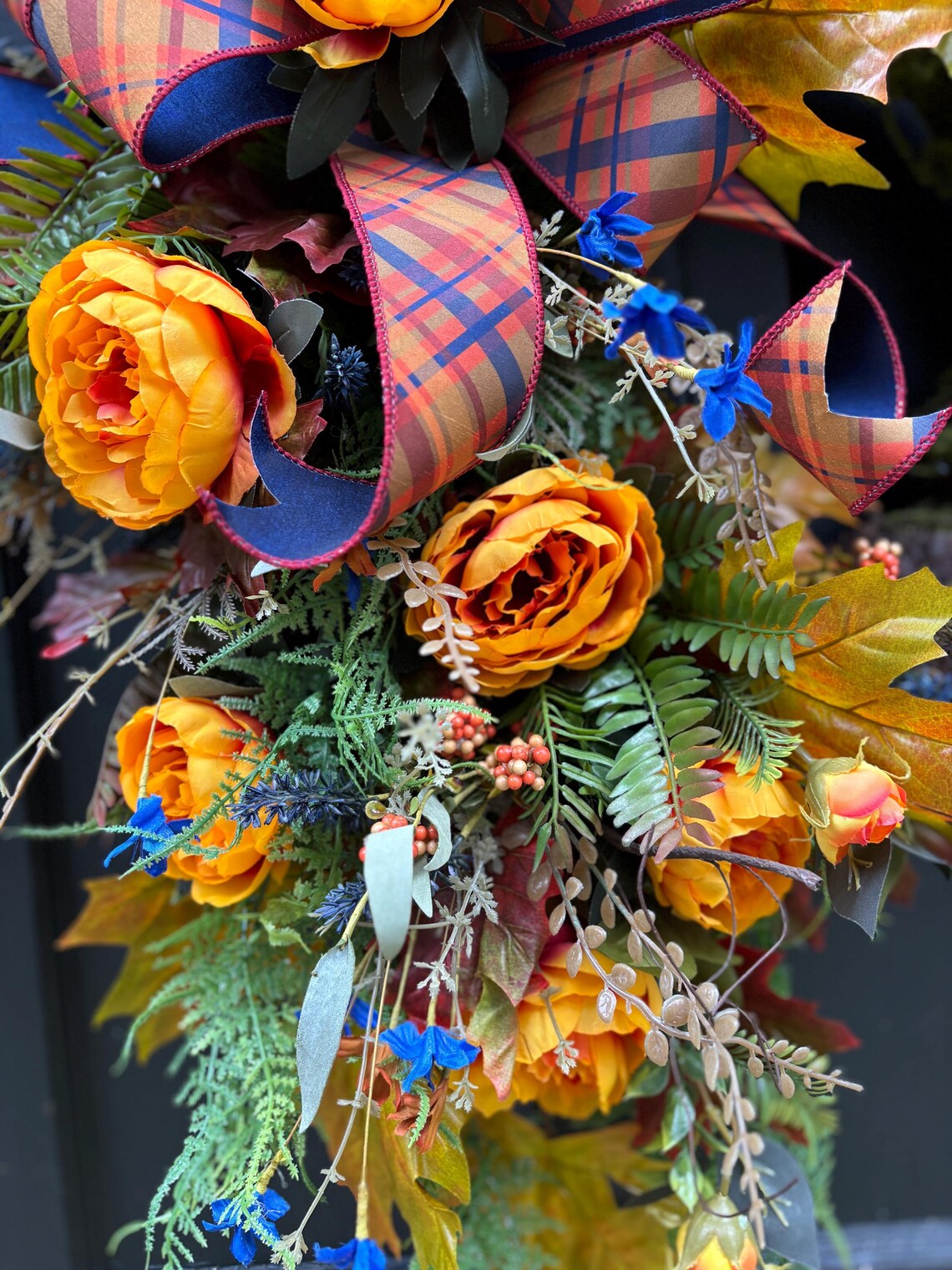 Large Moss Wreath With Designer Ribbon and Fall Florals - Autumn Home ...