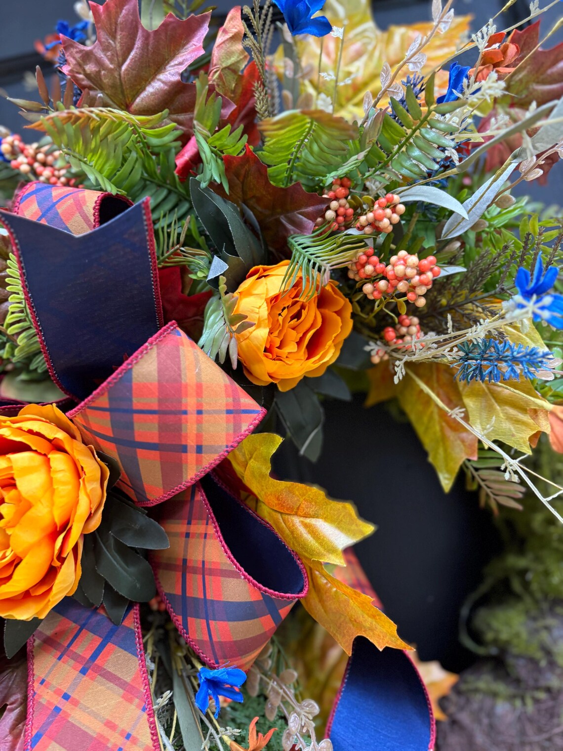 Large Moss Wreath With Designer Ribbon and Fall Florals - Autumn Home ...