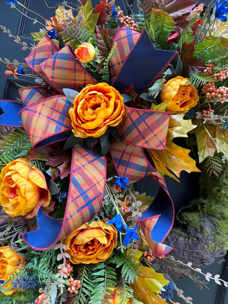 Large Moss Wreath With Designer Ribbon and Fall Florals - Autumn Home ...