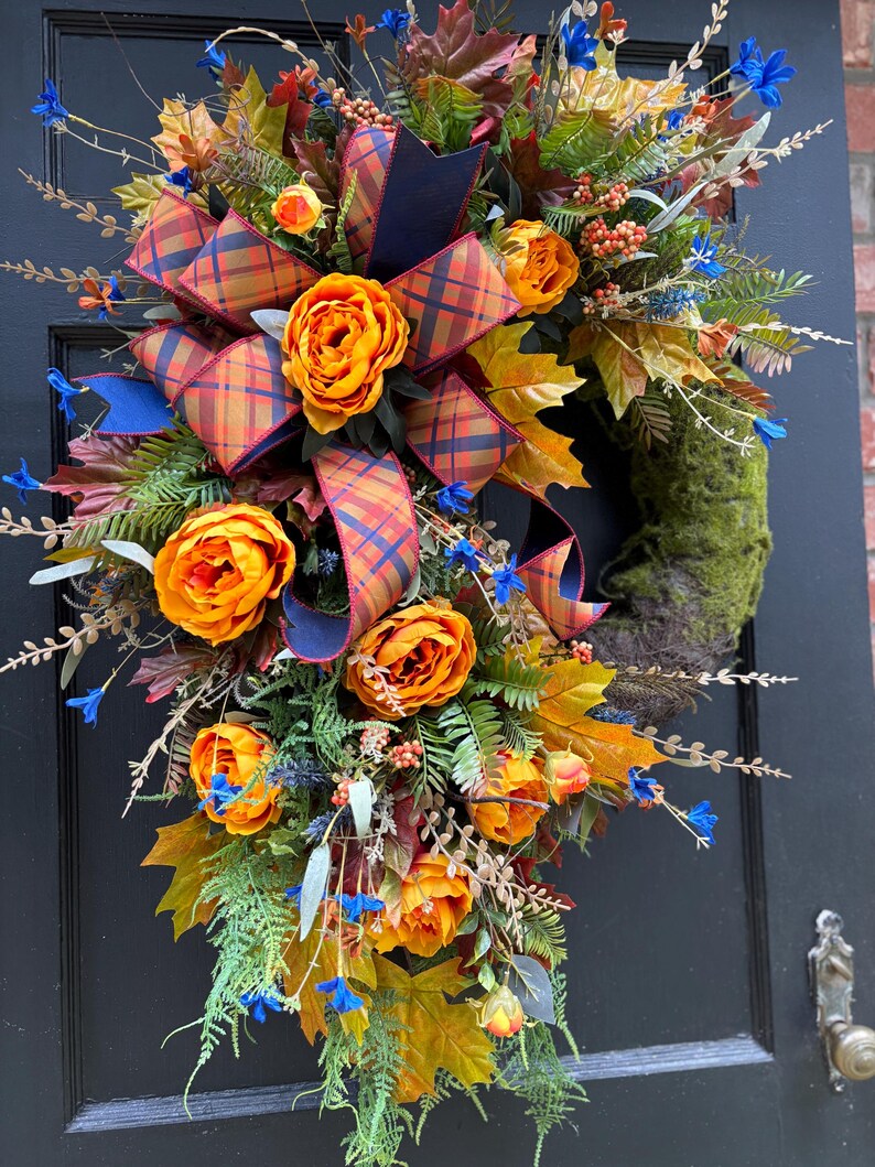 Large Moss Wreath With Designer Ribbon and Fall Florals - Autumn Home ...