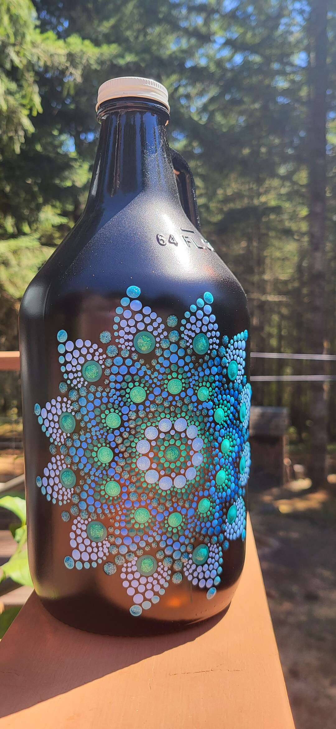 A Large, 64 Oz Brown Glass Growler With a Blue and Aqua Mandala. Has ...