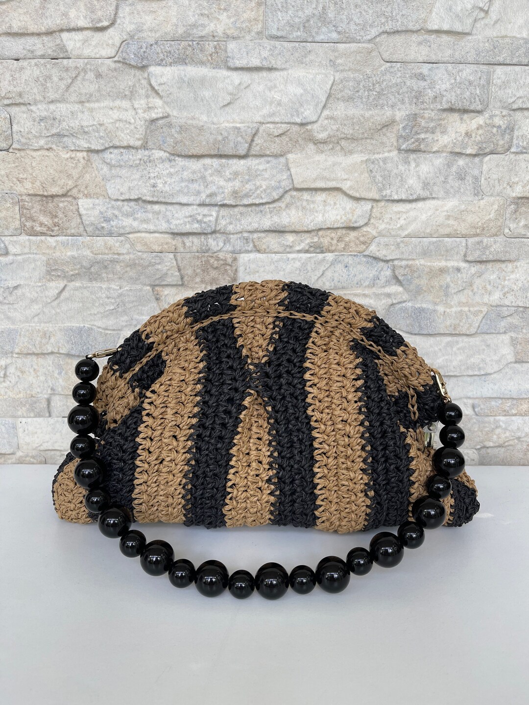 Raffia Clutch Bag, Woven Cloud Bag, Black and Beige Pouch Bag, Rattan ...