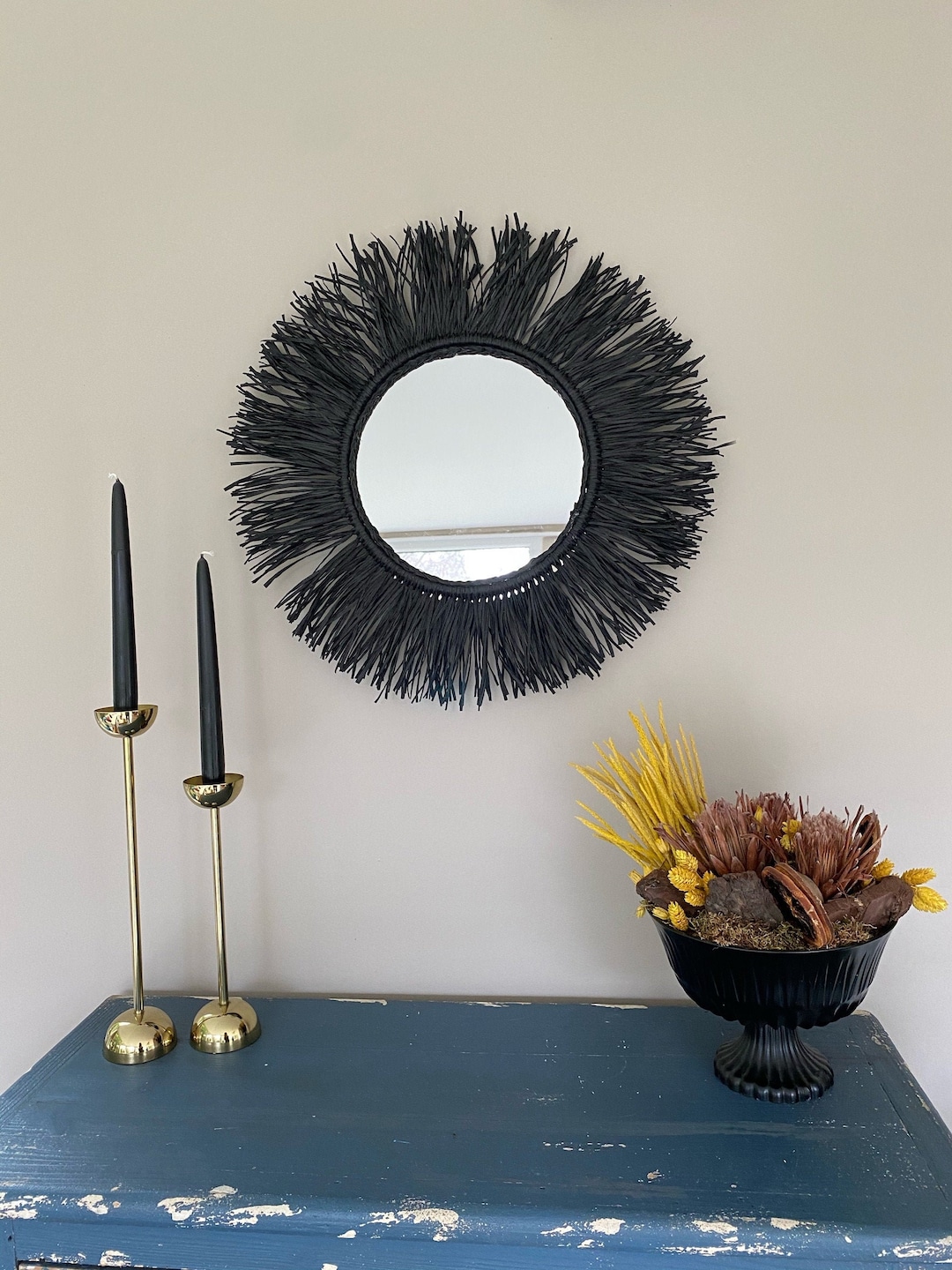 Raffia Mirror, Boho Mirror, Raffia Wall Decor, Sunburst Mirror, Round ...