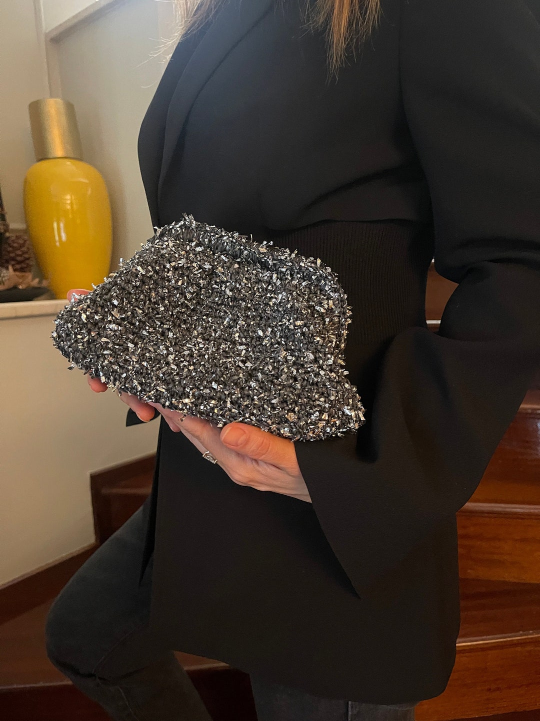 Mini Size Clutch Bag, Black Pouch Bag, Glitter Party Bag, Metallic ...