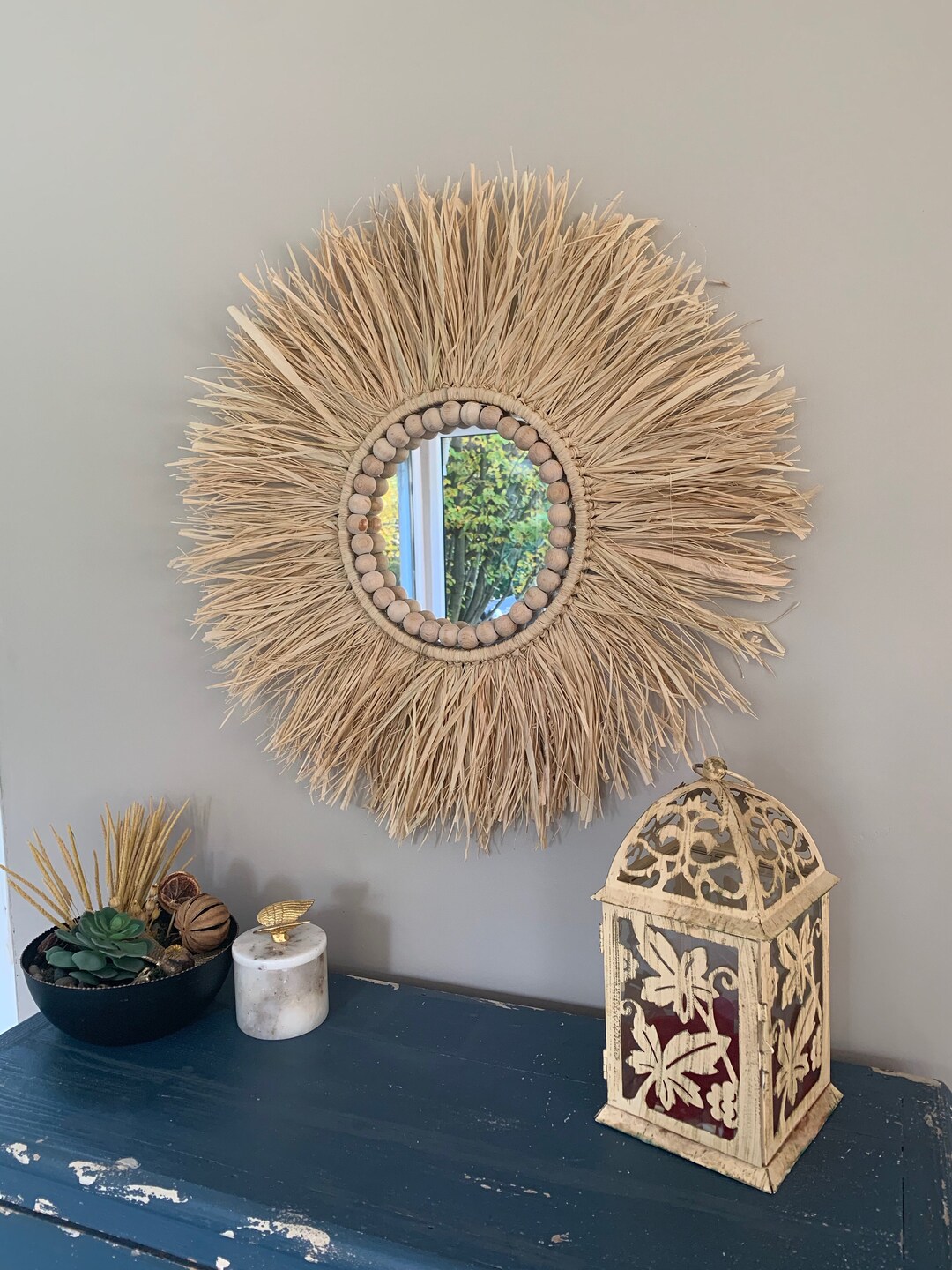 Raffia Round Mirror Boho Rattan Sunburst Wall Decor African - Etsy
