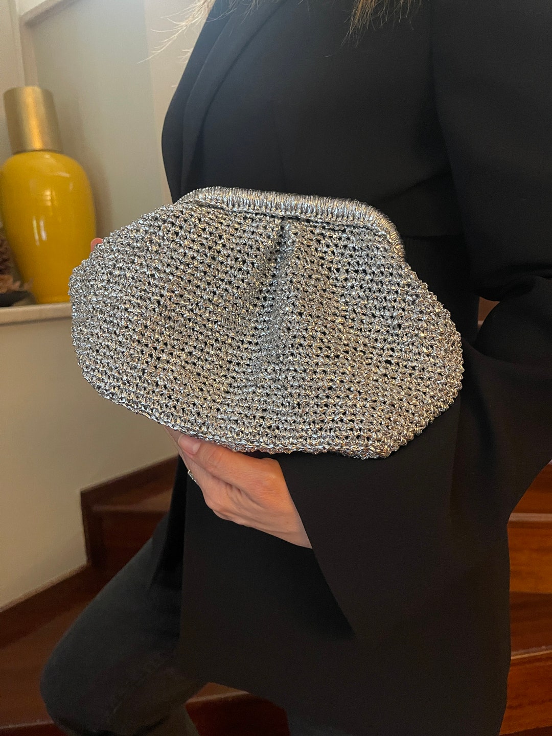 Vintage Style Clutch Bag, Metallic Silver Cloud Bag, Raffia Clutch Bag ...