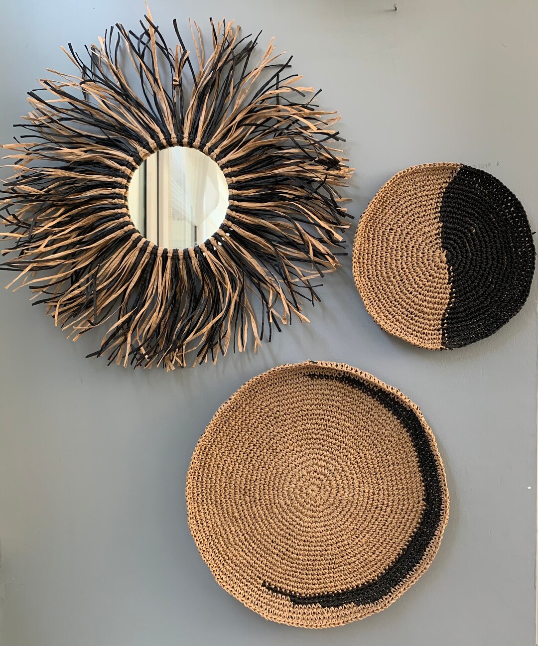 Boho Wall Art, Set of 3 Raffia Basket and Mirror Wall Hanging, Boho Art ...