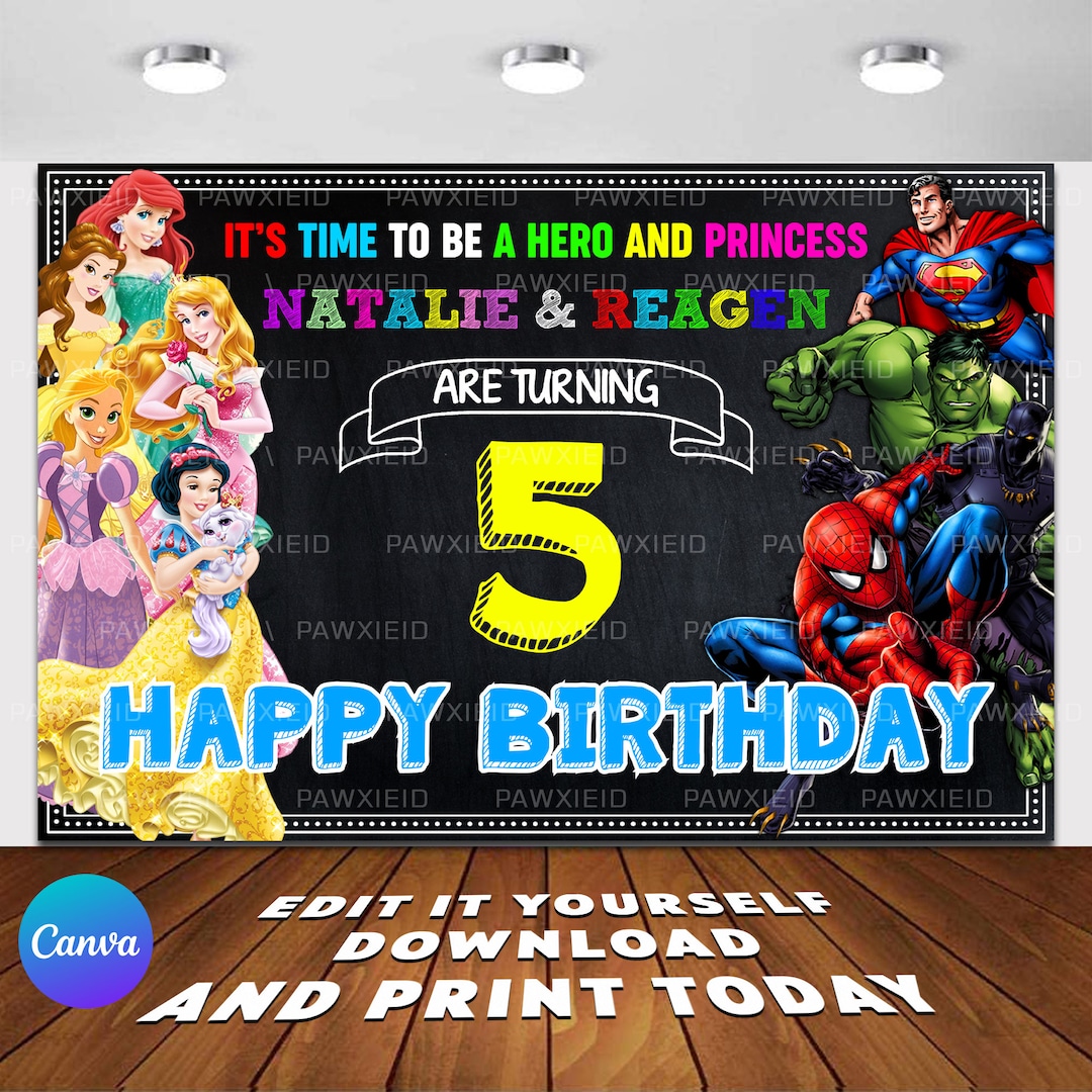 Editable Princess and Superheroes Birthday Party Backdrop | Princesses ...