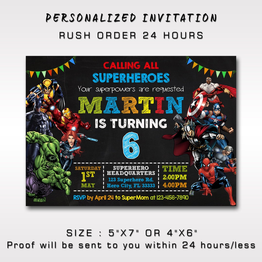 Rush Order Superheroes Birthday Party Invitation Superhero Birthday ...