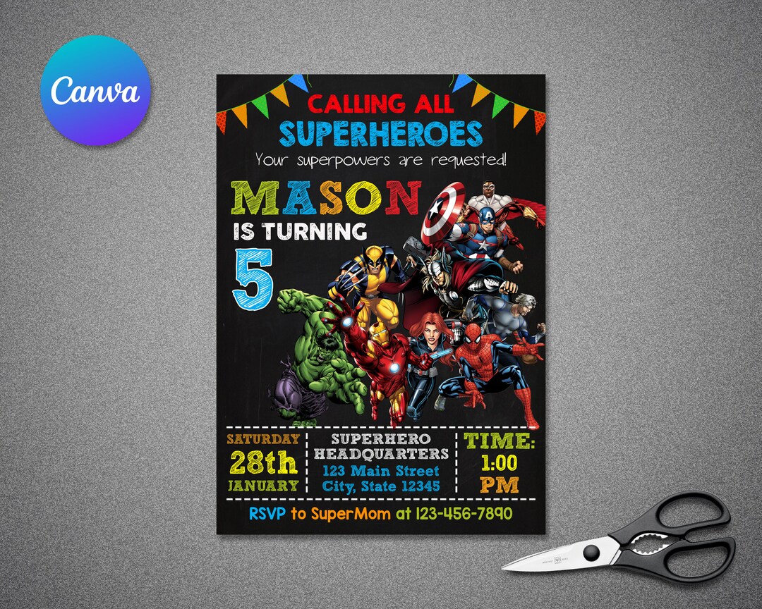 Editable Superheroes Birthday Invitations Templates, Editable Superhero ...