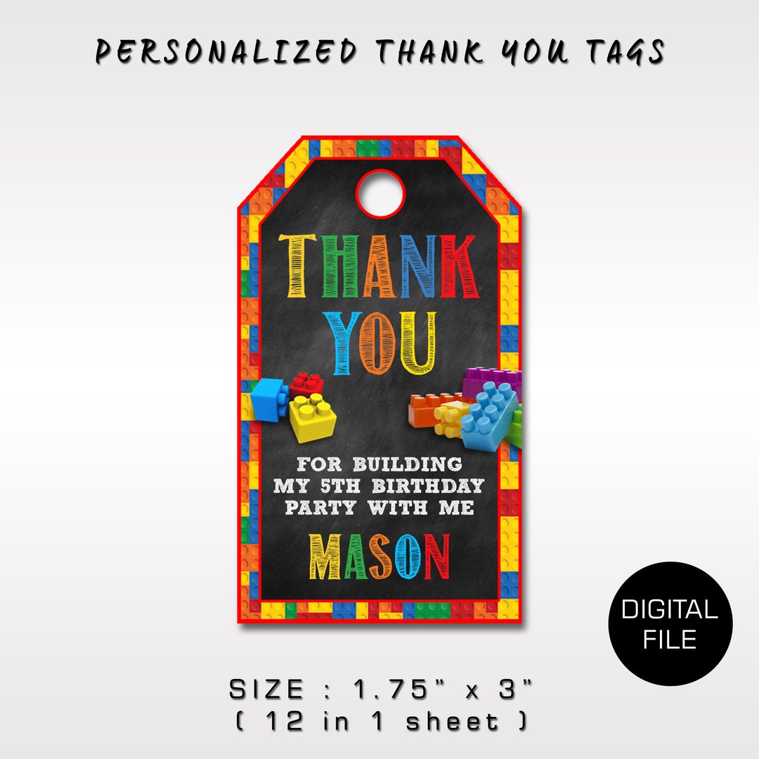 Building Block Thank You Tags, Building Block Favor Tags, Building ...