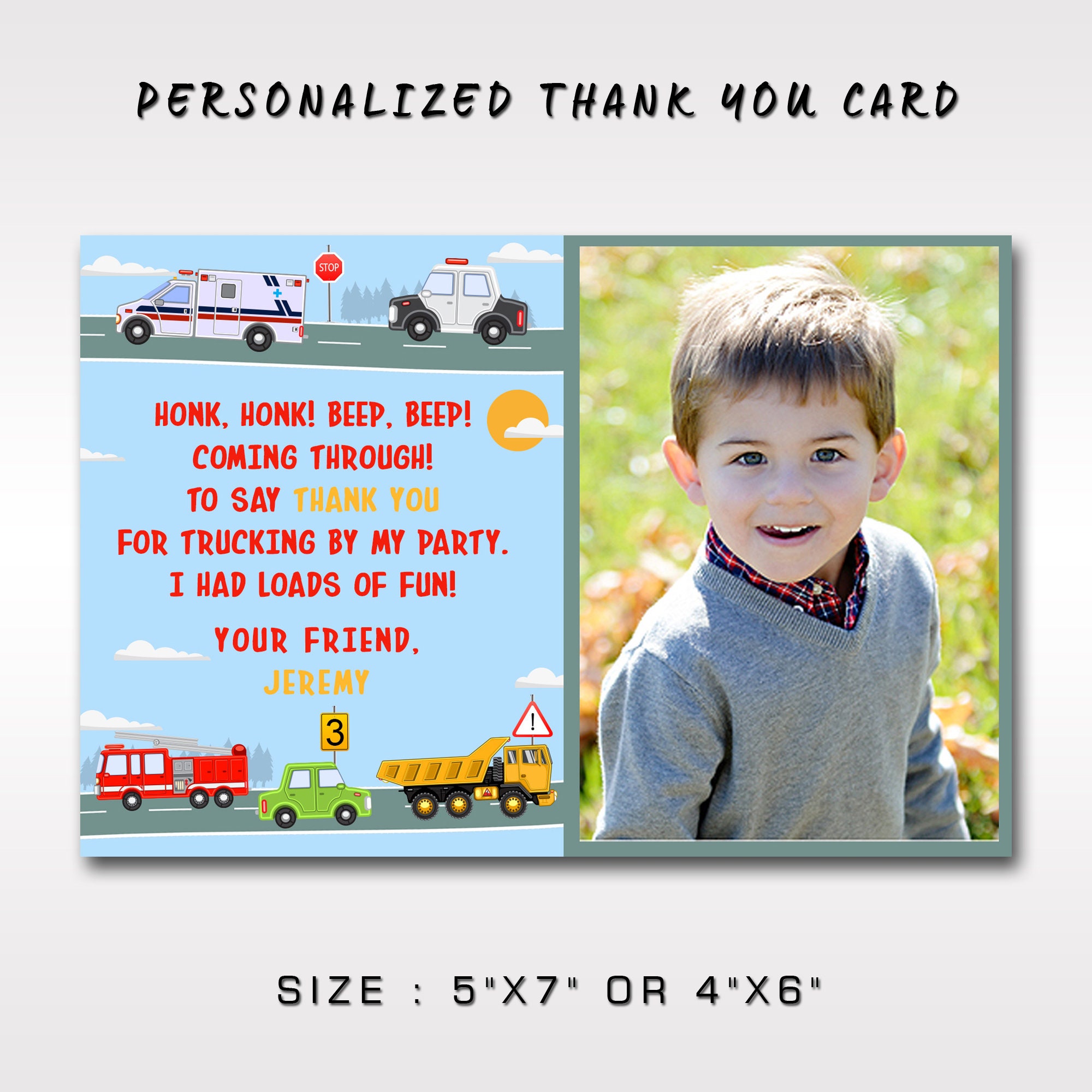 Cars and Trucks Thank You Card with Photo Cars and Trucks | Etsy
