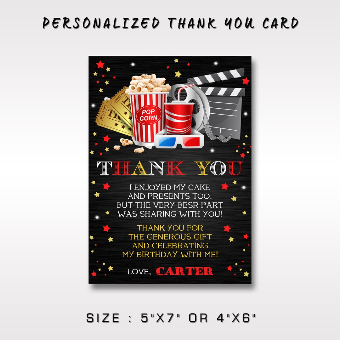 Movie Night Birthday Thank You Card Movie Night Birthday Thank You Note ...