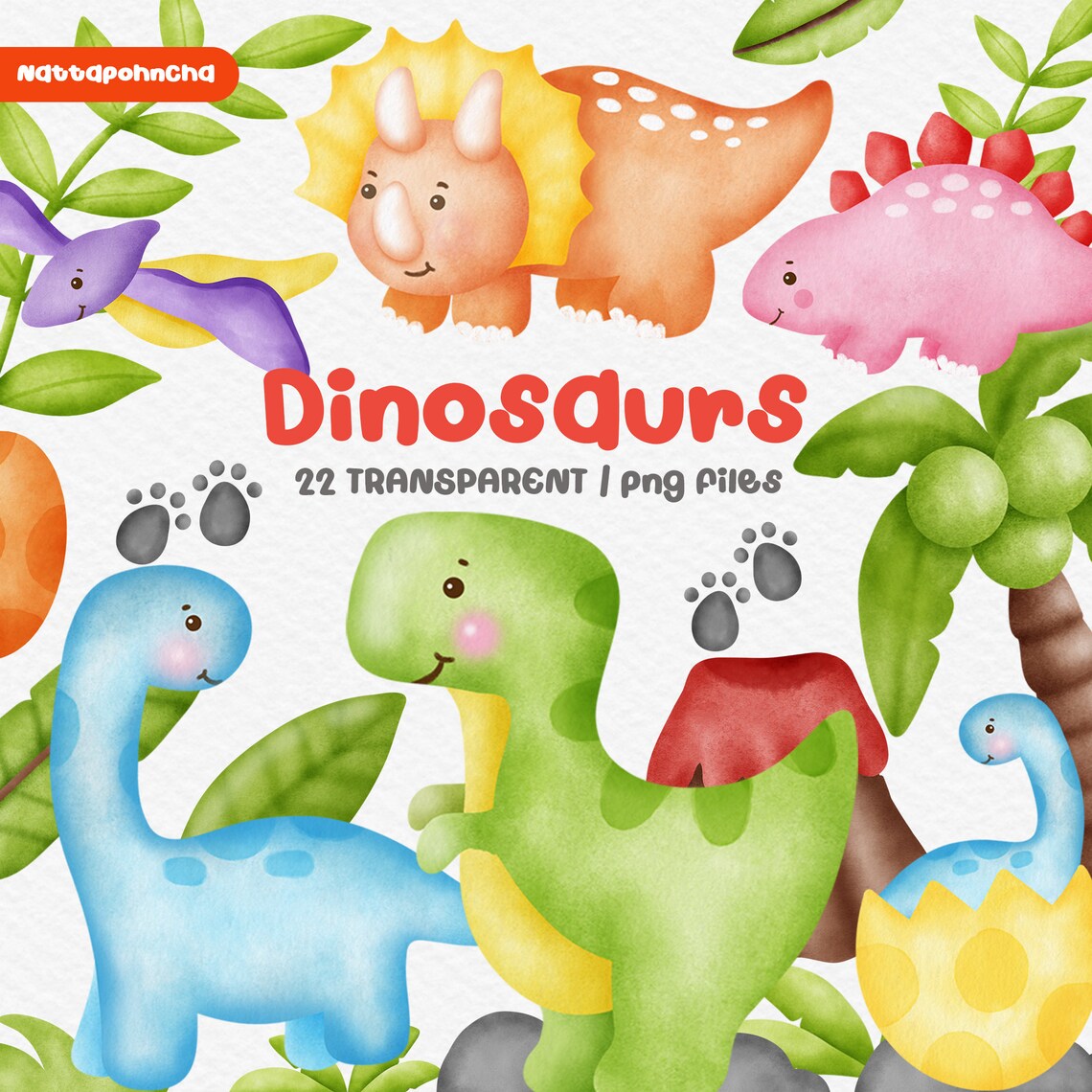 Watercolor Cute Dinosaur Clipart ,dino Clipart, Baby Shower Clipart ...