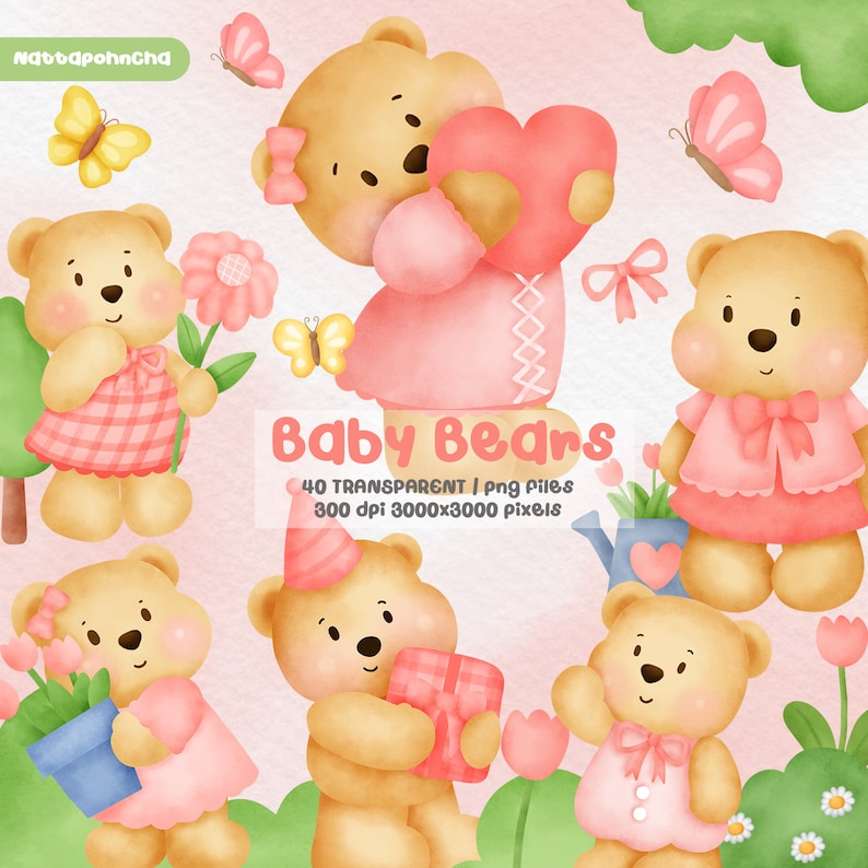 Watercolor Teddy Bear Clipart: Baby Shower PNG (digital Download) - Etsy