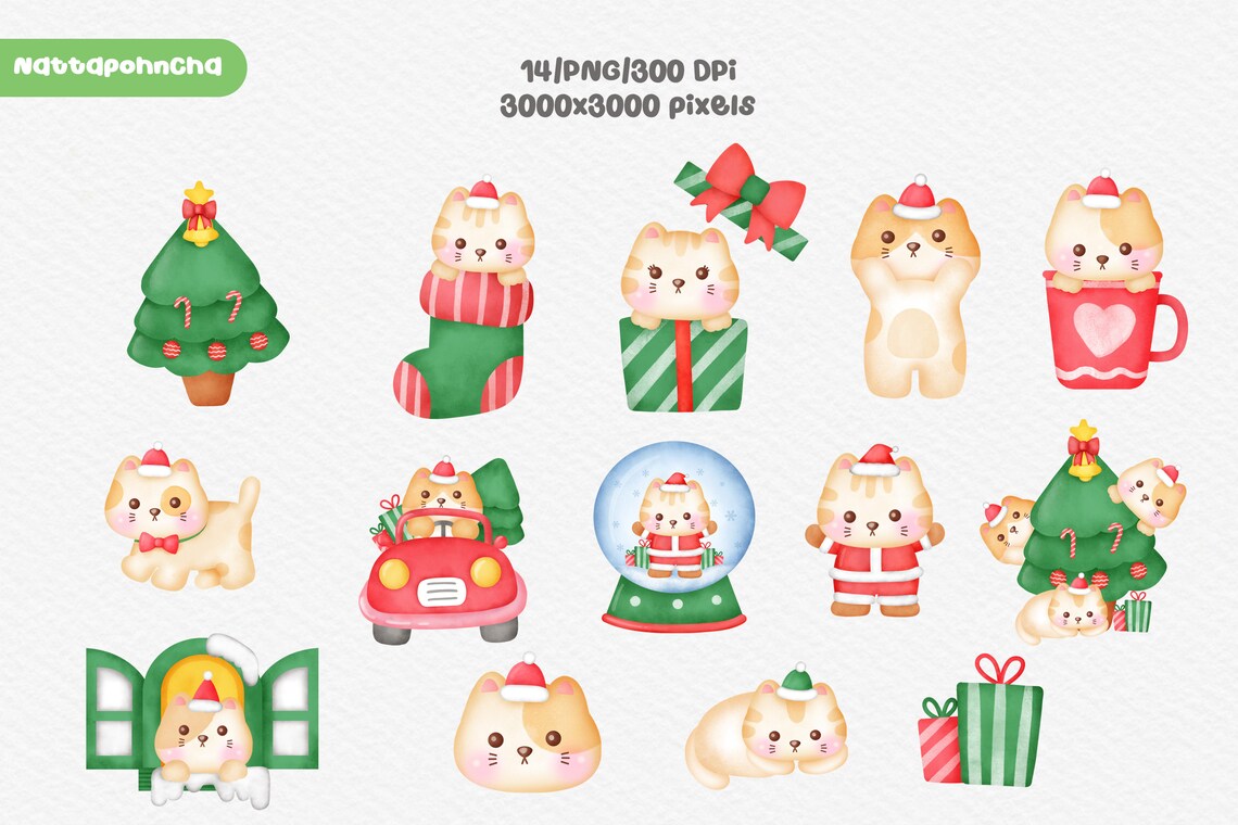 Watercolor Christmas Bundle Clipart, Cat Clipart , Christmas Cat ...