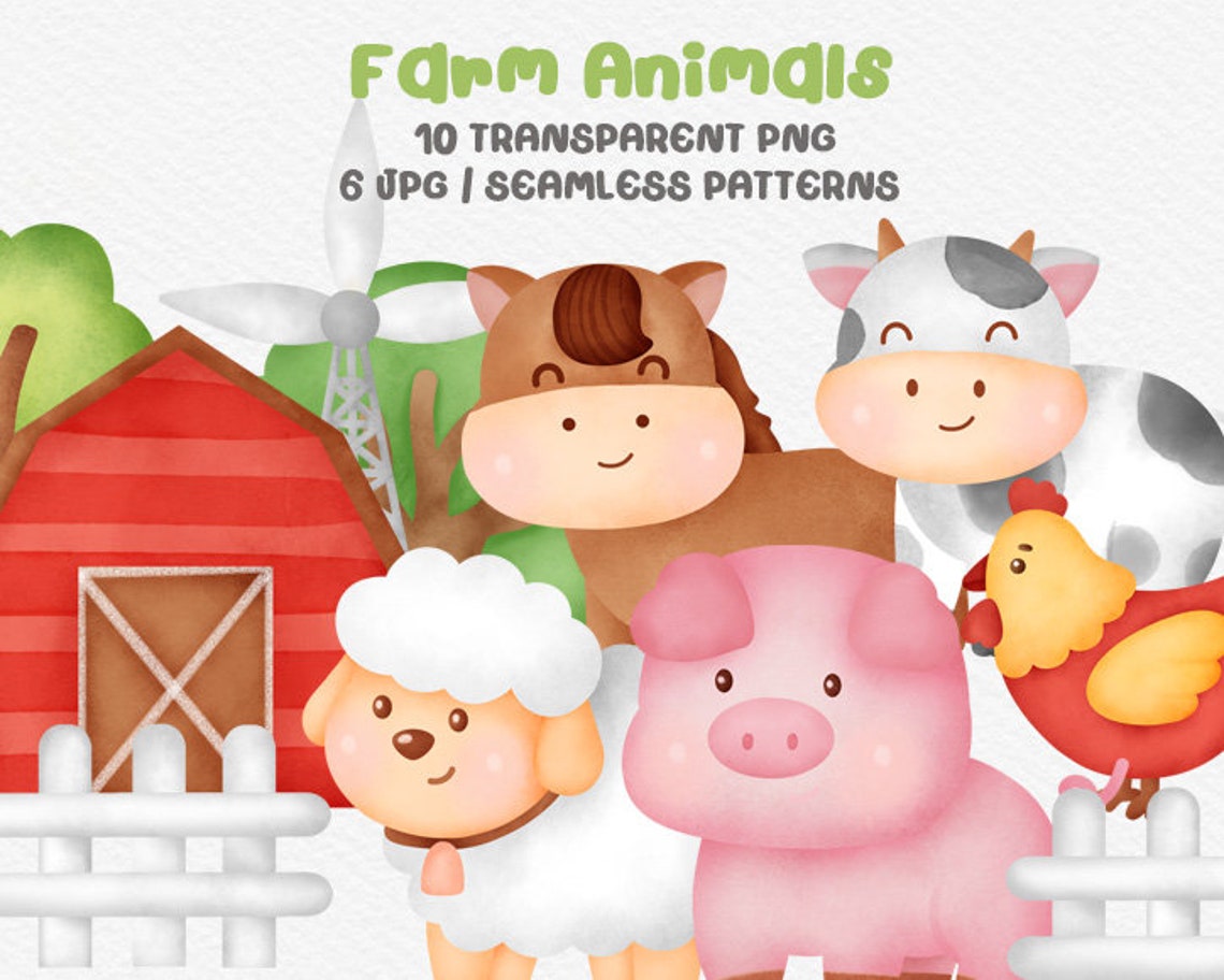 Watercolor Cute Farm Clipart, Farm Animals Watercolor Digital Clipart ...