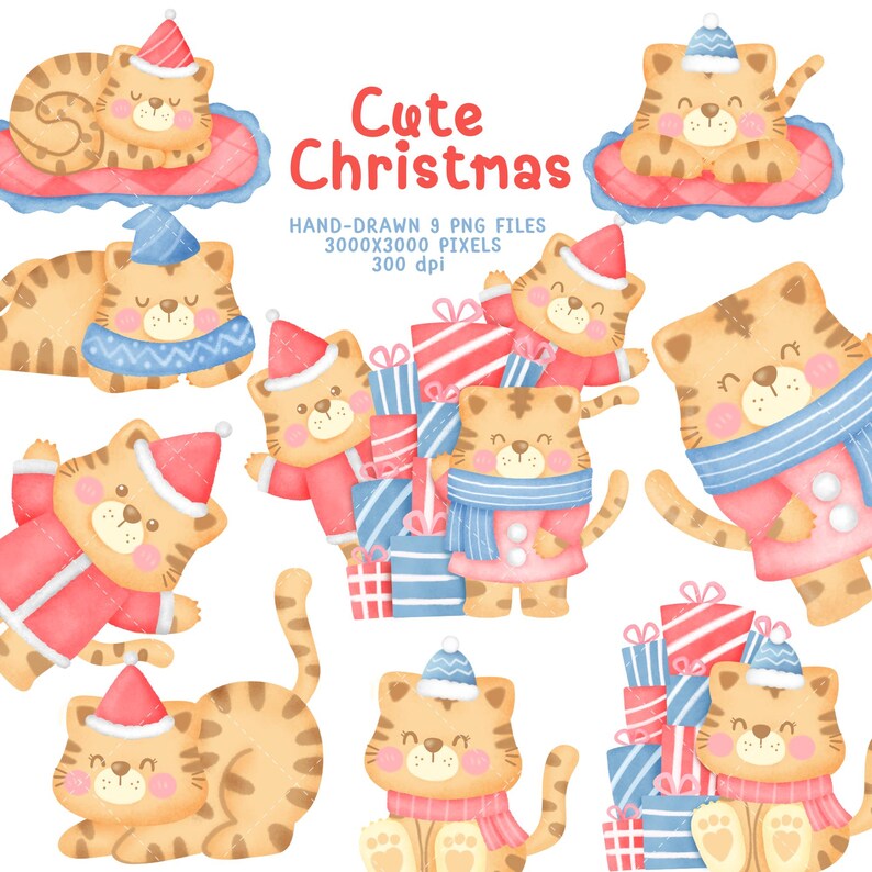Cute Christmas Tiger Clipart Bundle - Watercolor Holiday Animals With ...