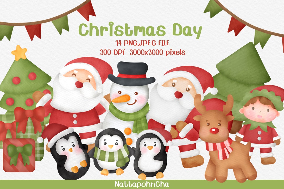 Watercolor Christmas Clipart: Santa & Friends (PNG, JPG Digital Files ...