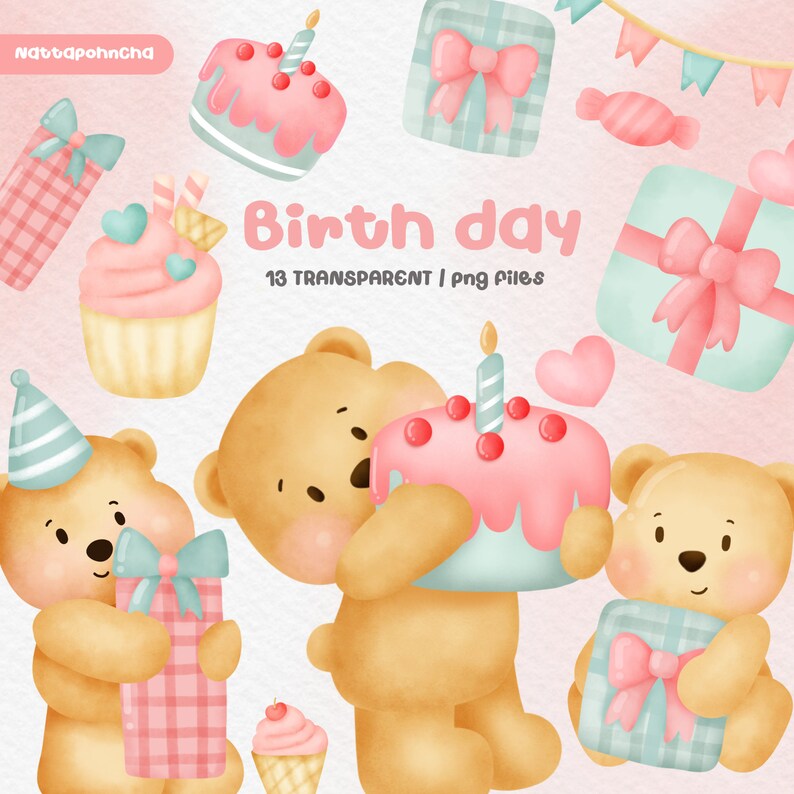 Birthday Clipart ,watercolor Teddy Bear, Baby Bears Watercolor Clipart ...