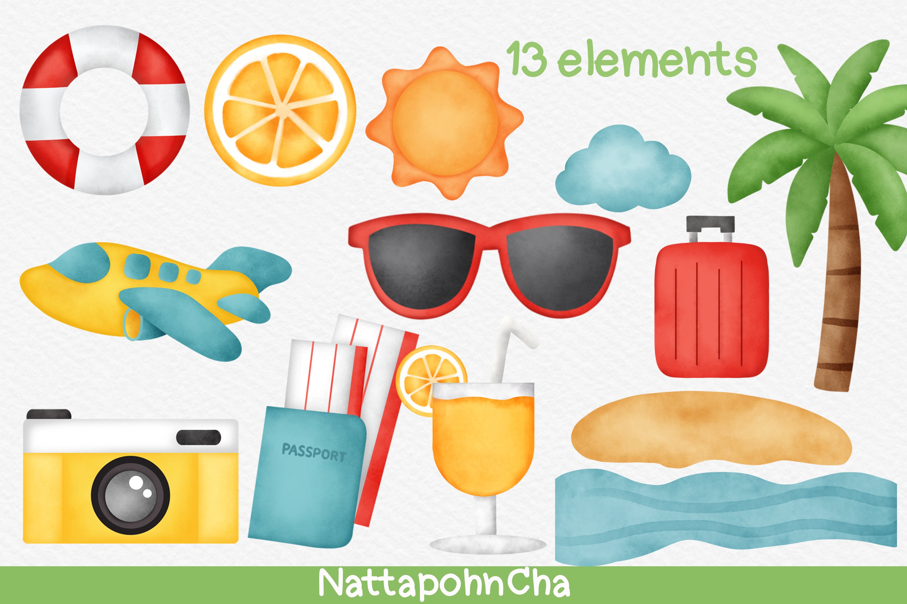 Watercolor Summer Elements Clipart. Summer Png, Summer Clipart, - Etsy